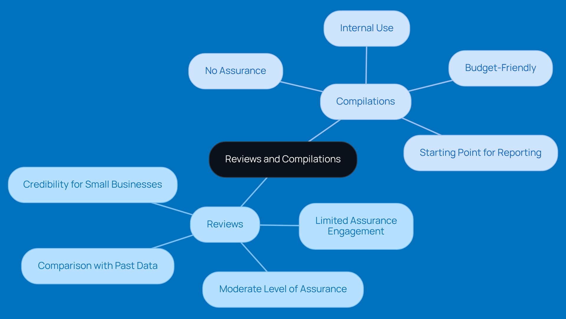 The central node represents the main topic, while the branches show the two types of financial services. Each sub-node provides specific details about the characteristics and benefits of reviews and compilations, helping you understand which service might be right for your business.