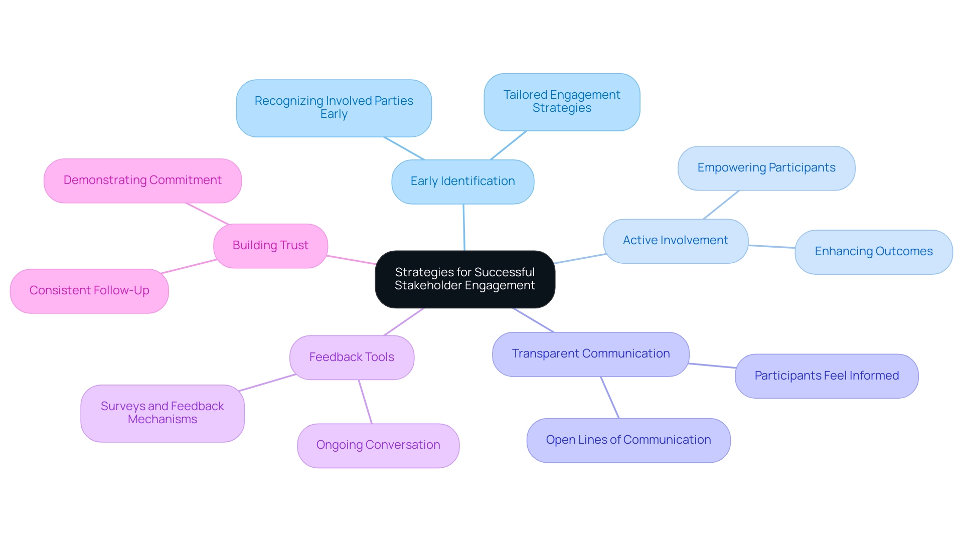 Each branch represents a key strategy for stakeholder engagement, with sub-branches providing specific actions or examples related to each strategy.