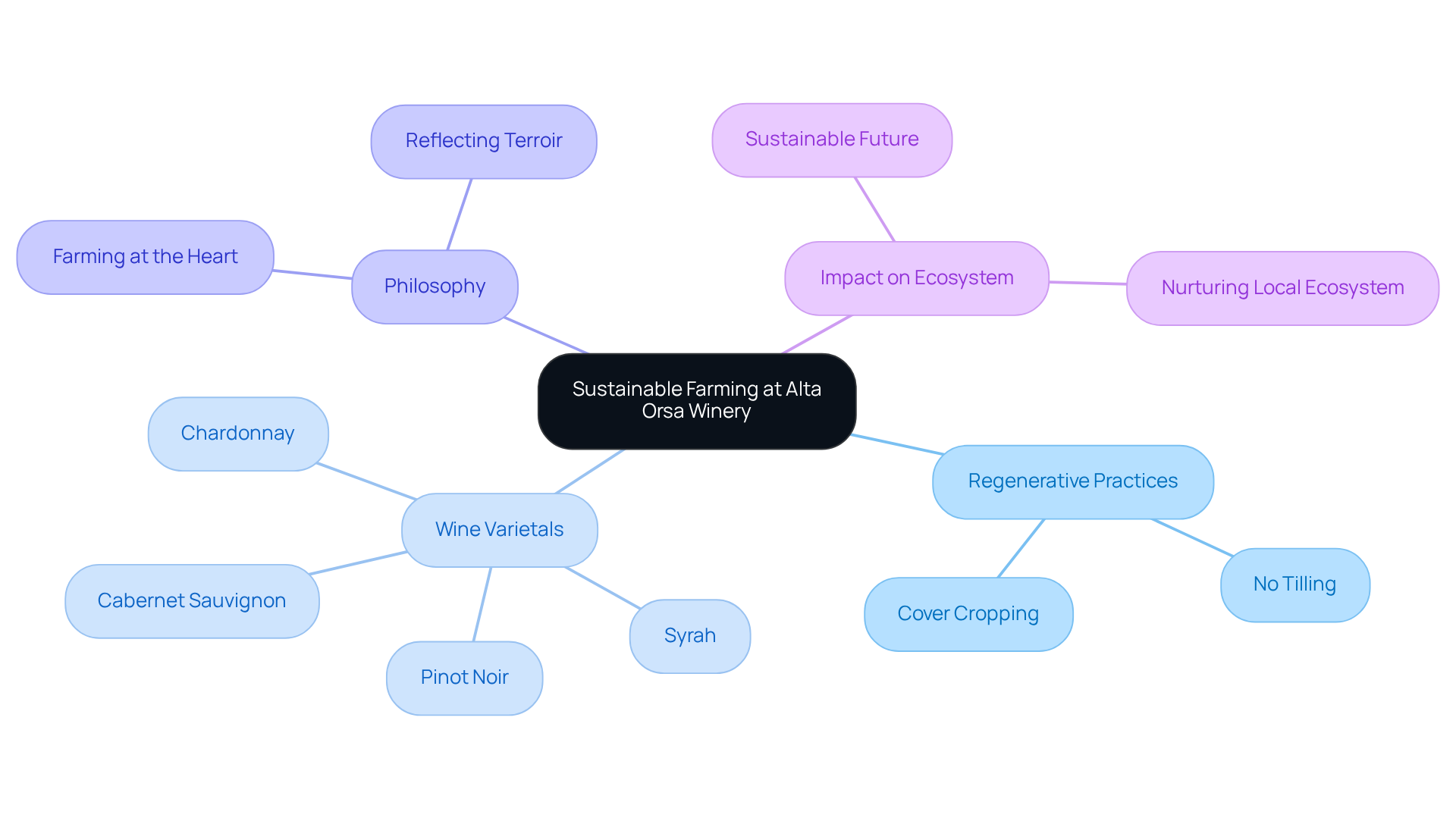 This mindmap illustrates how Alta Orsa Winery integrates sustainable practices into its operations. Start at the center with the main theme, then explore the branches to see specific practices, the types of wine they produce, their philosophy, and the positive effects on the local ecosystem. This mindmap illustrates how Alta Orsa Winery integrates sustainable practices into its operations. Start at the center with the main theme, then explore the branches to see specific practices, the types of wine they produce, their philosophy, and the positive effects on the local ecosystem.