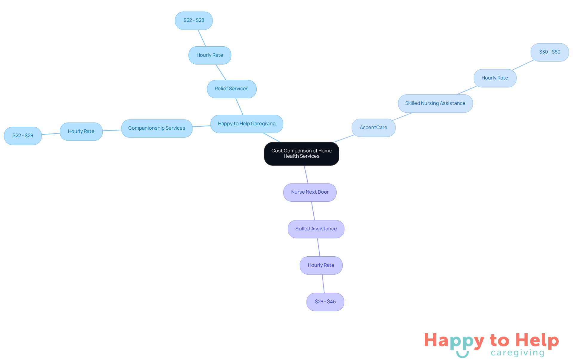 The central node represents the overall topic, while each branch shows a different service provider. The sub-branches detail the types of services and their costs, helping families understand their options.