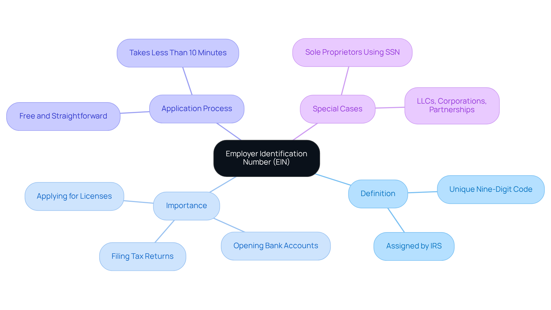 The central node represents the EIN, and the branches show its definition, importance, application process, and special cases. Each branch helps you understand different aspects of the EIN and why it's crucial for businesses. The central node represents the EIN, and the branches show its definition, importance, application process, and special cases. Each branch helps you understand different aspects of the EIN and why it's crucial for businesses.
