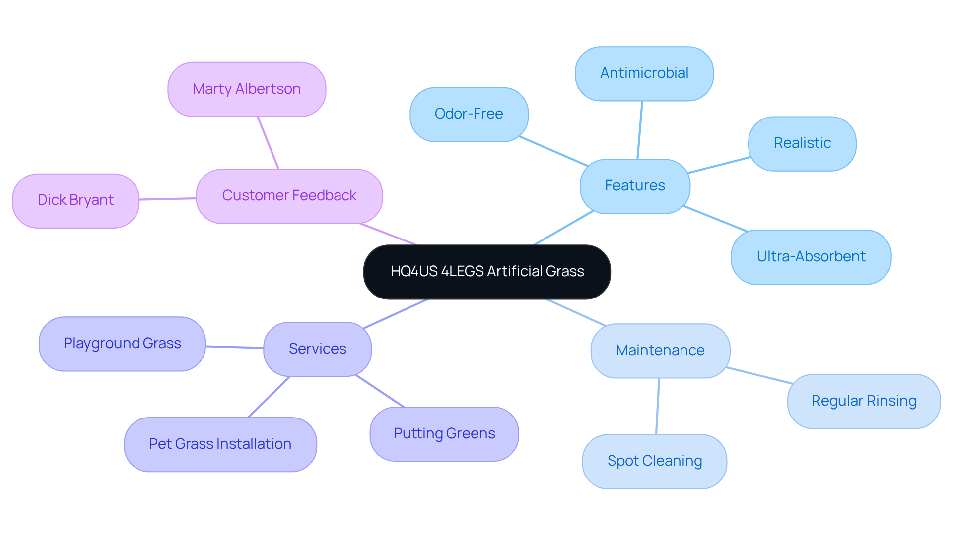 This mindmap starts with the main product in the center and branches out to show its features, maintenance tips, services offered, and customer feedback. Each branch helps you understand different aspects of the product and how it benefits pet owners.