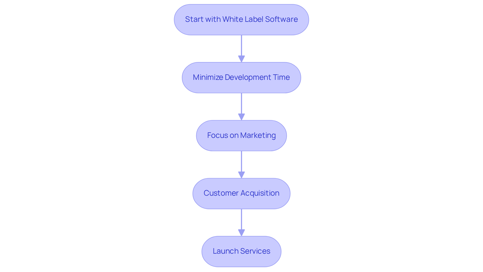 This flowchart shows the steps startups take to enter the market quickly using white label software. Follow the arrows to see how each step leads to the next, from starting with the software to launching services and acquiring customers.
