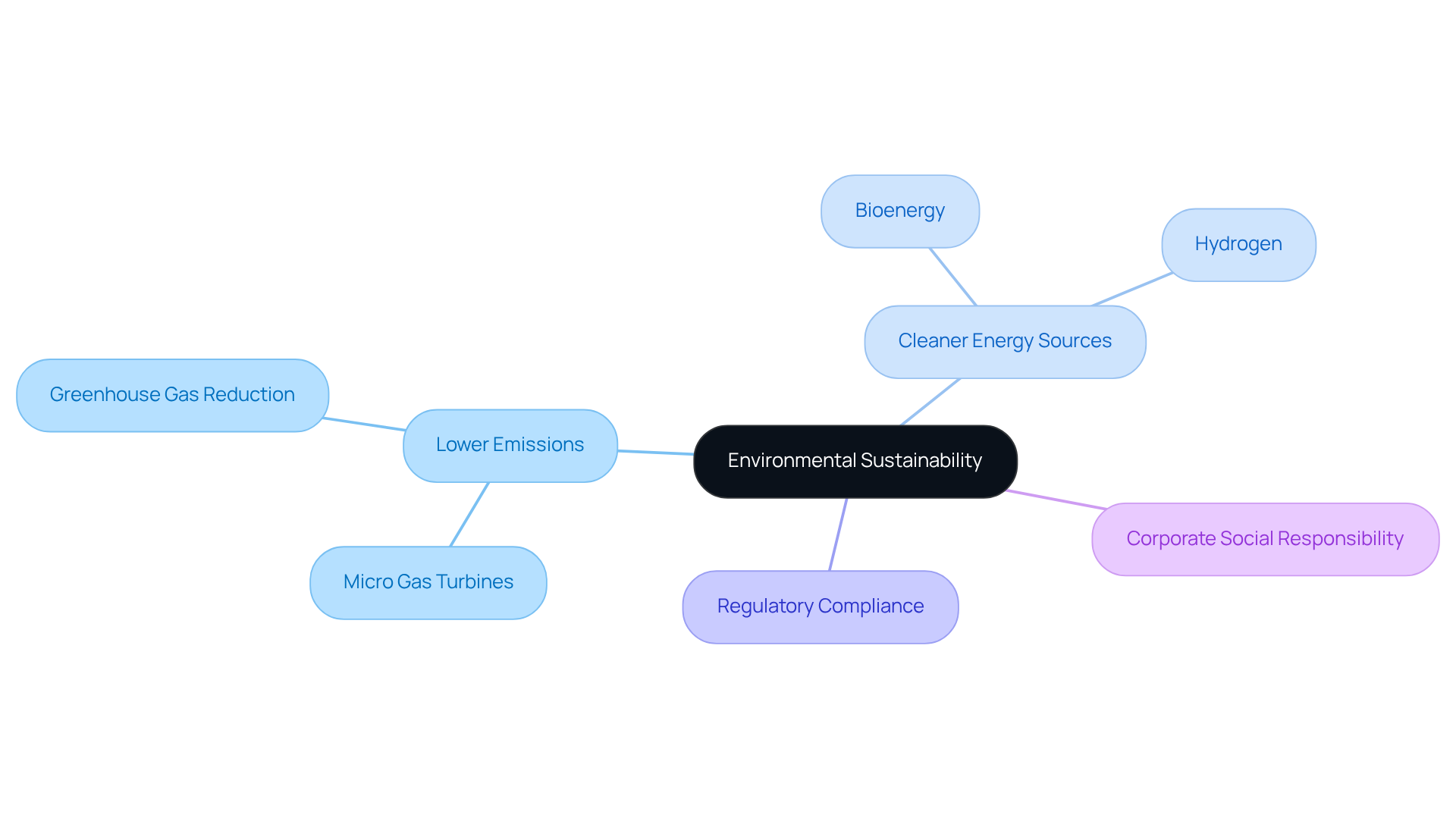 The central idea is environmental sustainability, with branches showing how different aspects like emissions reduction and compliance with regulations connect to it. Each branch represents a key area of focus.