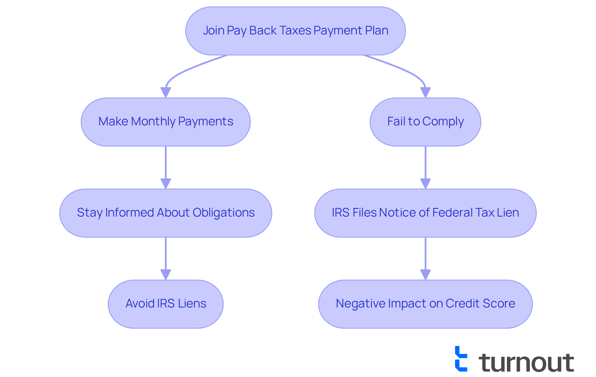 This flowchart shows the steps you can take when entering a payment plan for back taxes. Follow the arrows to see what happens if you make payments versus if you fail to comply.