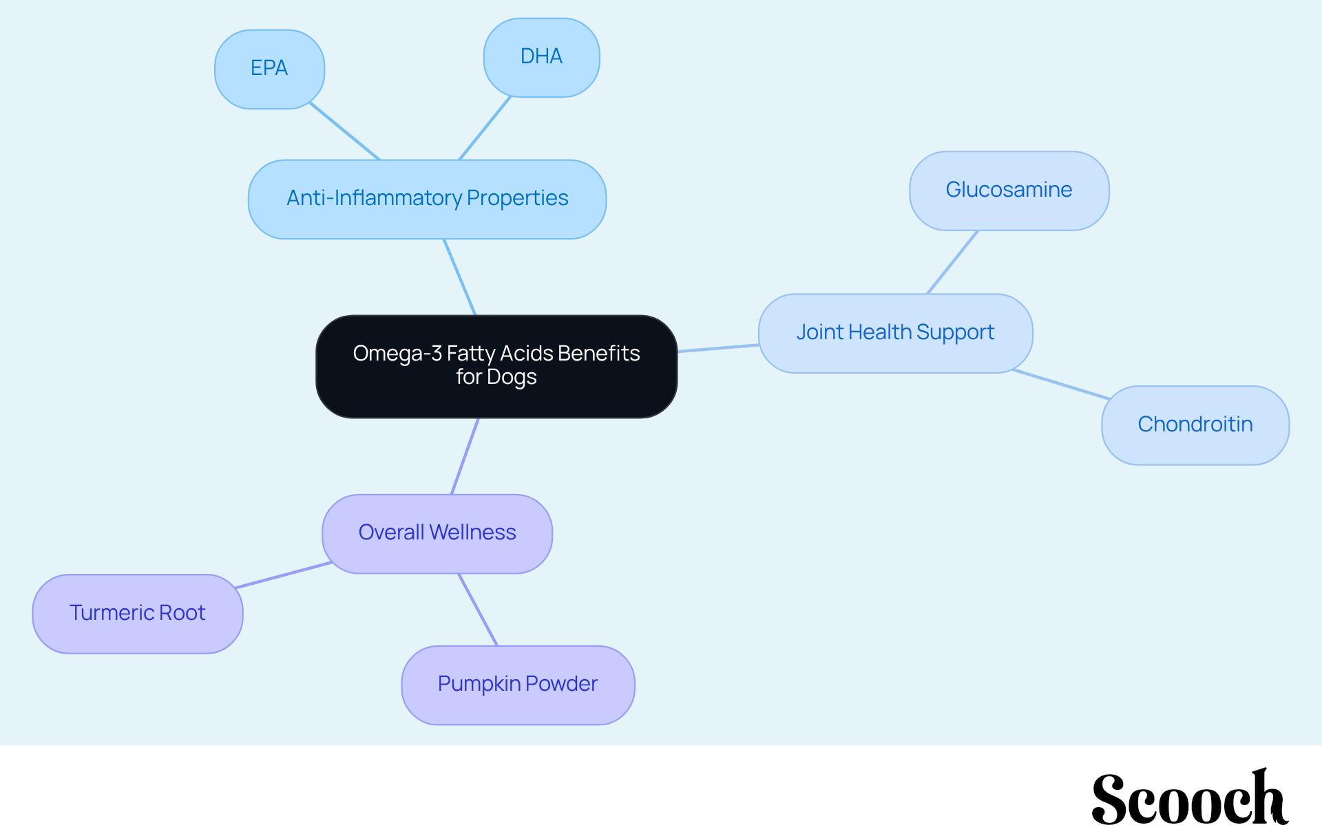 The central idea is omega-3 fatty acids. Each branch represents a benefit or component, showing how they contribute to your dog's health — the more branches, the more comprehensive the support!