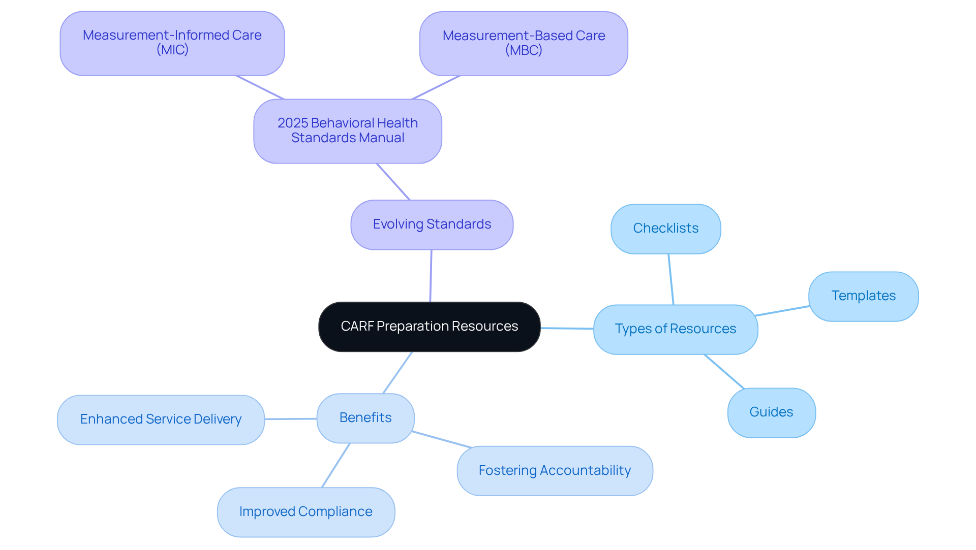 Start at the center with CARF Preparation Resources, then explore the branches to see the types of resources available, their benefits, and how organizations can adapt to new standards.