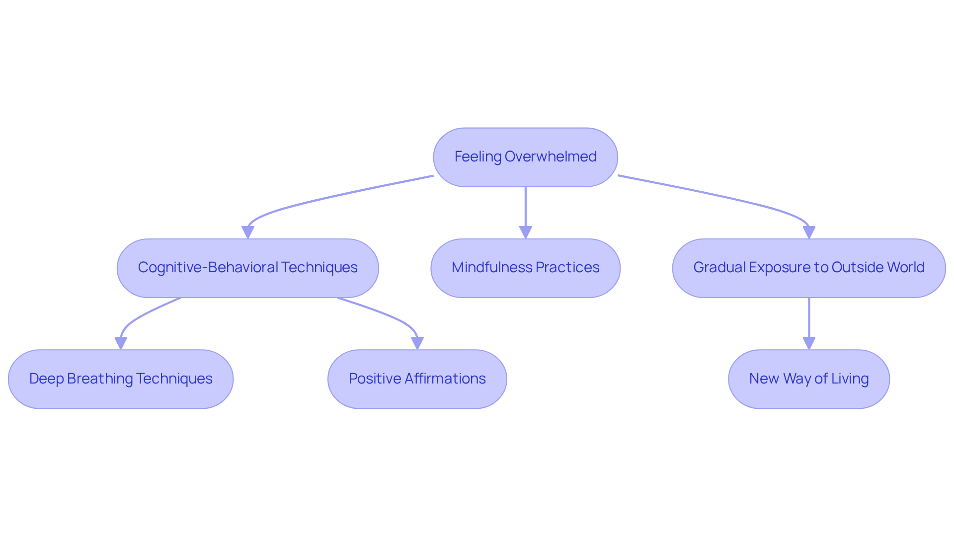 This flowchart illustrates Tessa's path from feeling overwhelmed to finding hope. Each step shows the techniques she used to confront her fears and improve her mental health. Follow the arrows to see how she progressed through her journey.