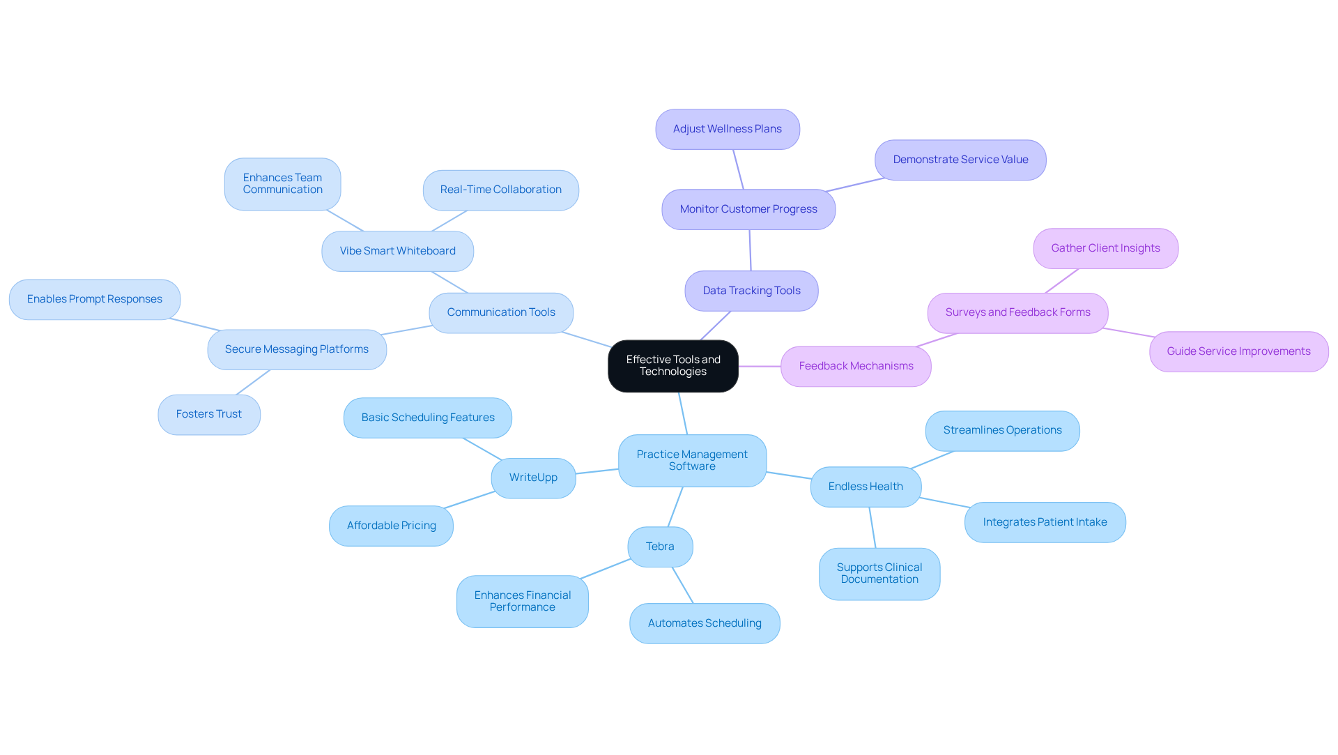 The center represents the main theme of effective tools and technologies. Each branch shows a different category of tools, with further details on how they help improve client management.