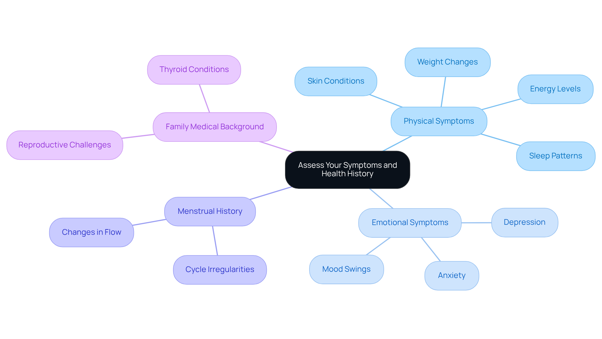 Start at the center with the main topic, then explore each branch to see the different areas to consider for understanding your hormone type. Each color represents a different category of symptoms or history.