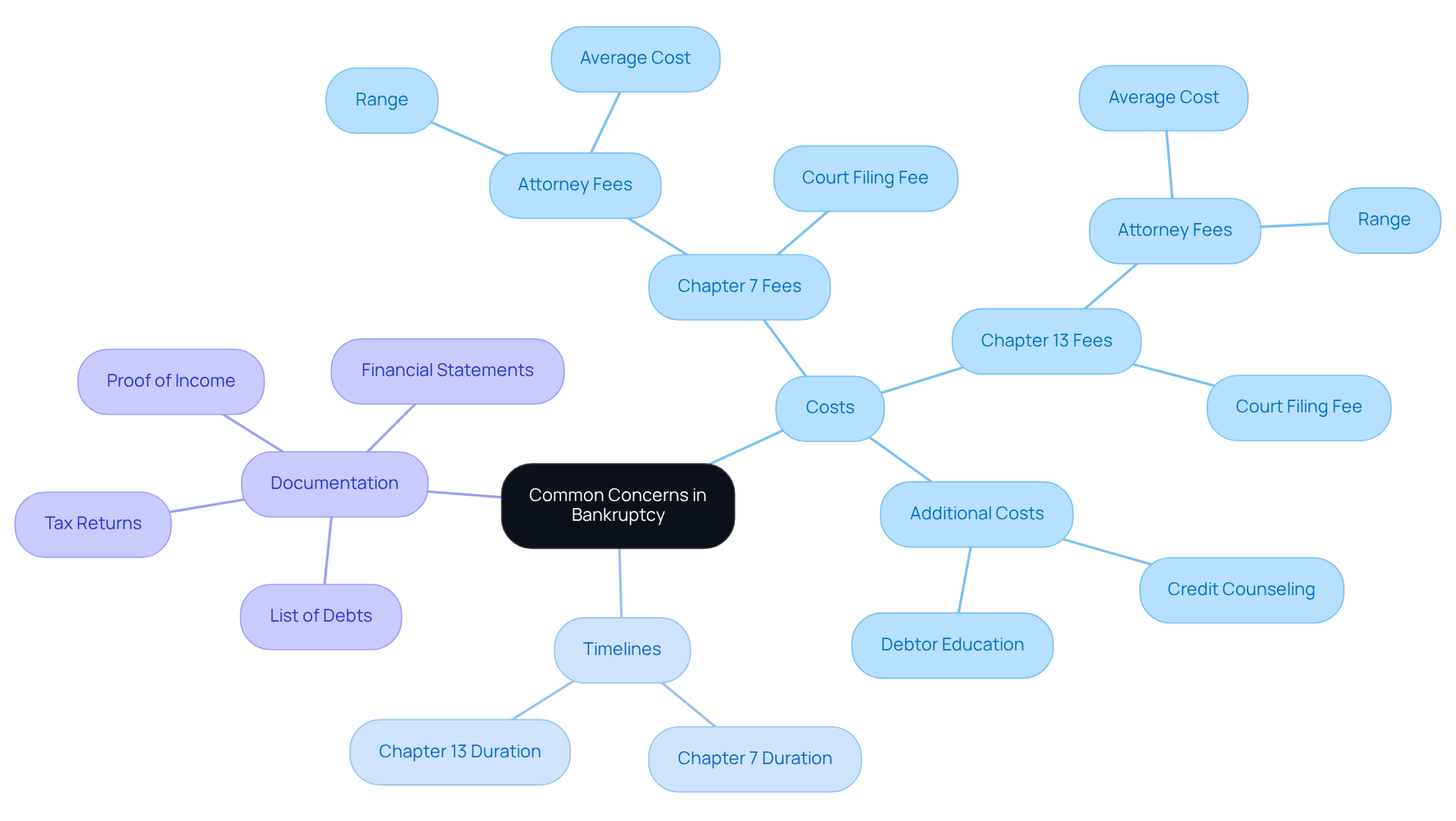 The central node represents the main topic, while the branches show the key areas of concern. Each sub-branch provides specific details, helping you navigate through the complexities of bankruptcy.