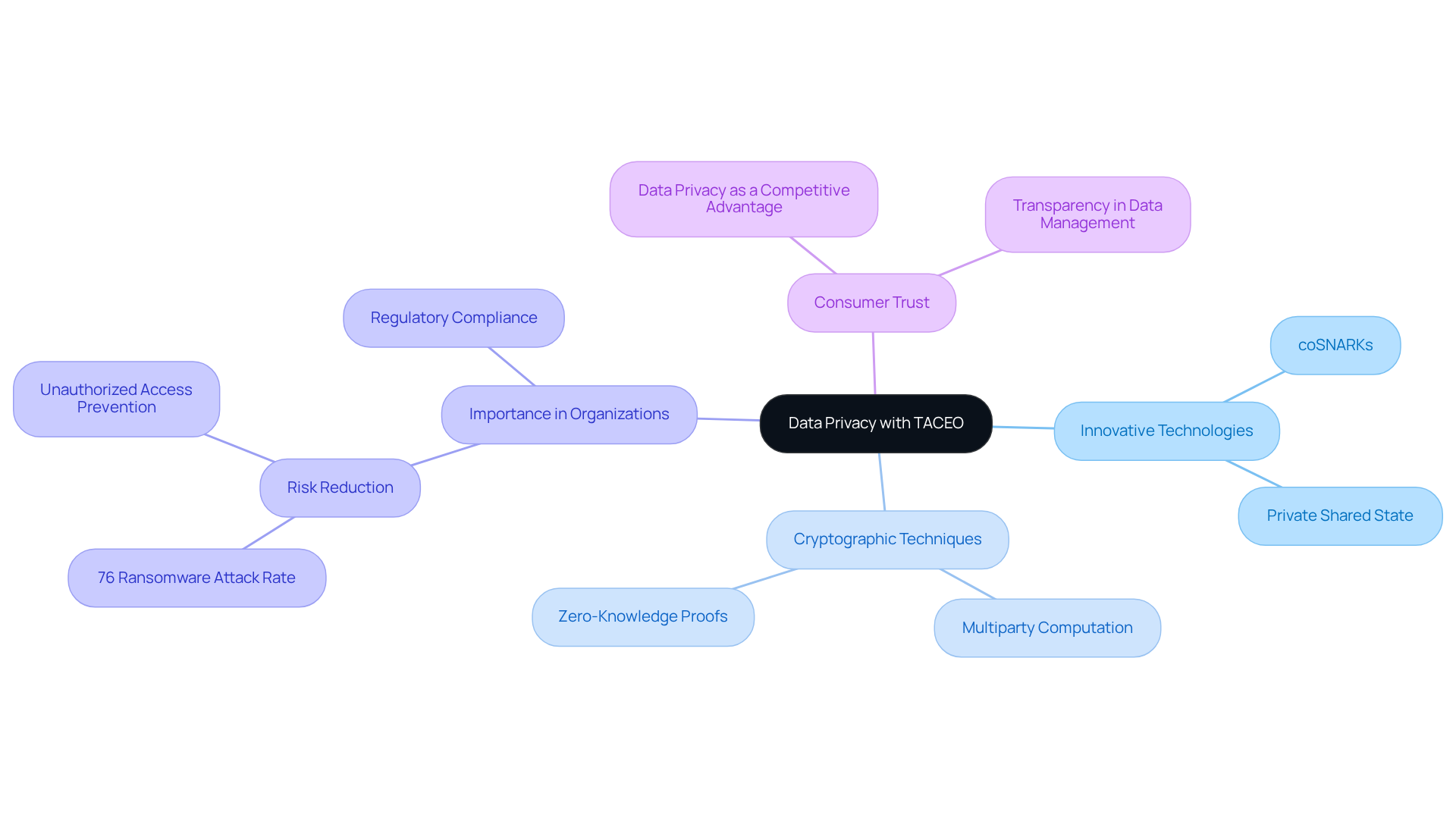 The center node represents TACEO's focus on data privacy, with branches that explore various technologies and their significance. Each branch provides insight into how these solutions contribute to confidential data processing and organizational trust.