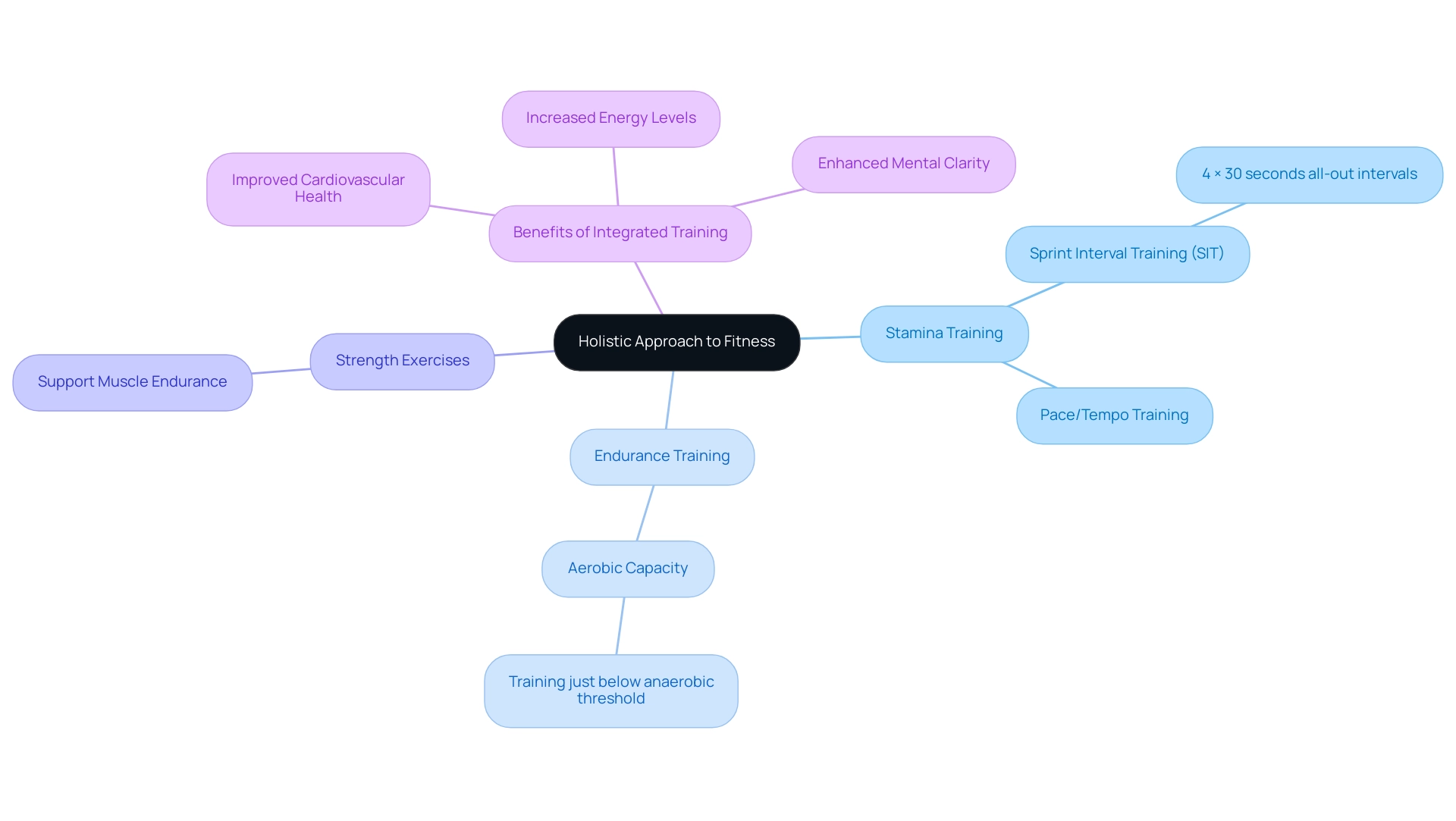 The central node represents the holistic approach, with branches indicating different training types and their respective benefits.