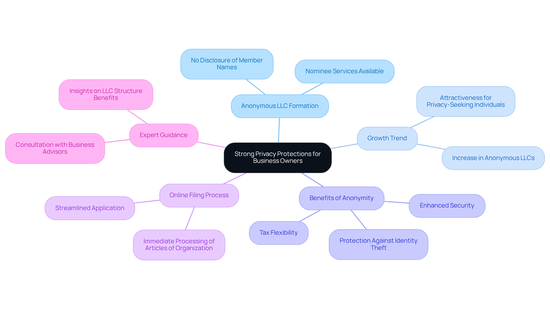 The central node represents the main topic, while the branches show related aspects of privacy protections. Each sub-point provides more detail on how these protections benefit business owners. The central node represents the main topic, while the branches show related aspects of privacy protections. Each sub-point provides more detail on how these protections benefit business owners.