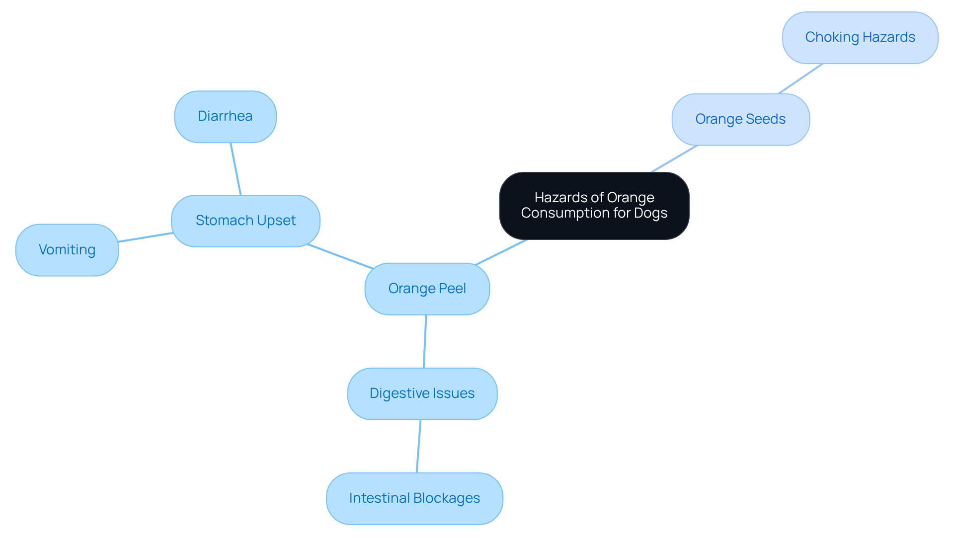 This mindmap starts with the main topic in the center and branches out to show the specific hazards of orange peels and seeds for dogs, helping you understand what to watch out for.