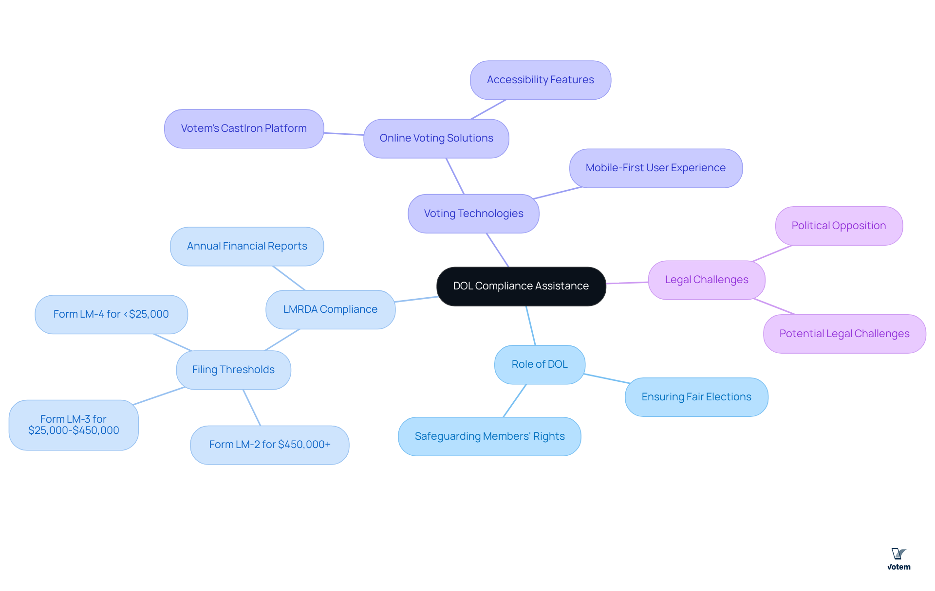 At the center is the DOL's role in ensuring fair elections. Branches lead to various important topics, showing how they connect to compliance and voting processes.
