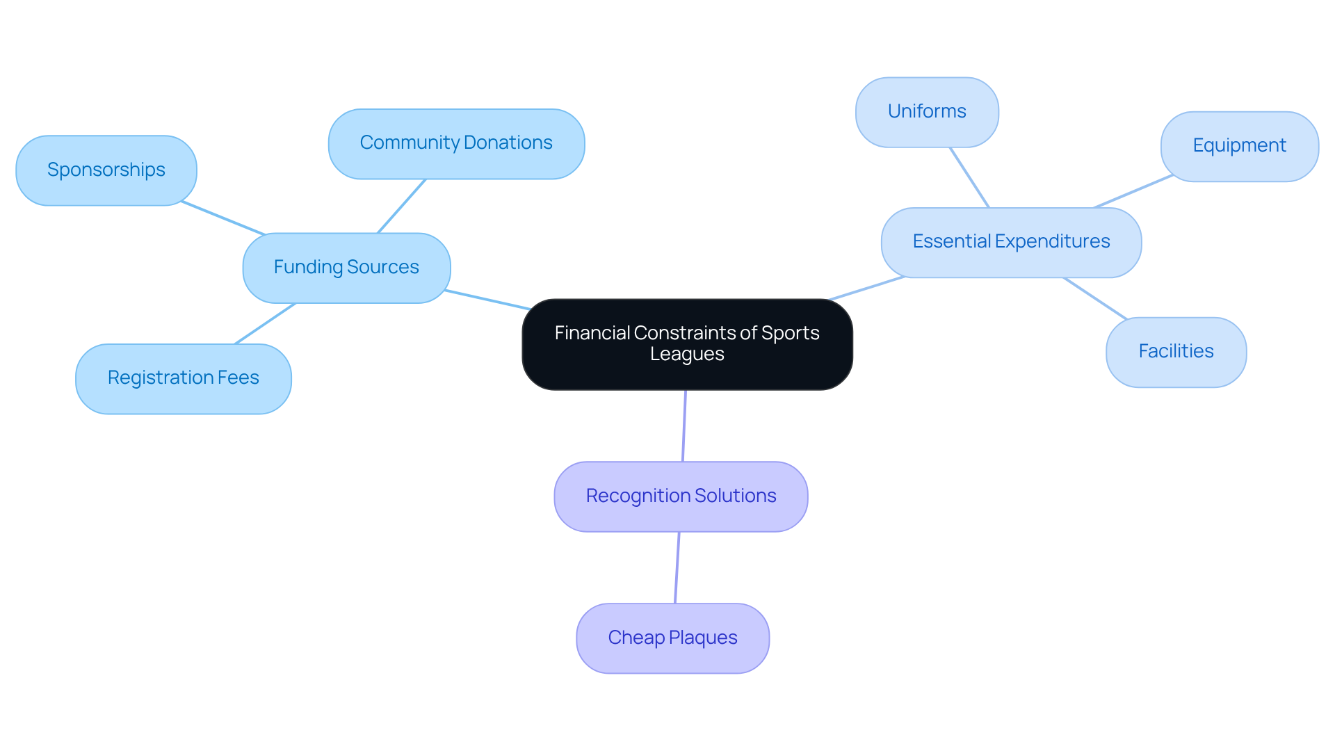 The central node represents the main topic, while branches show different aspects of financial challenges and solutions. Each color-coded branch helps you see how funding sources, essential costs, and recognition options are interconnected.