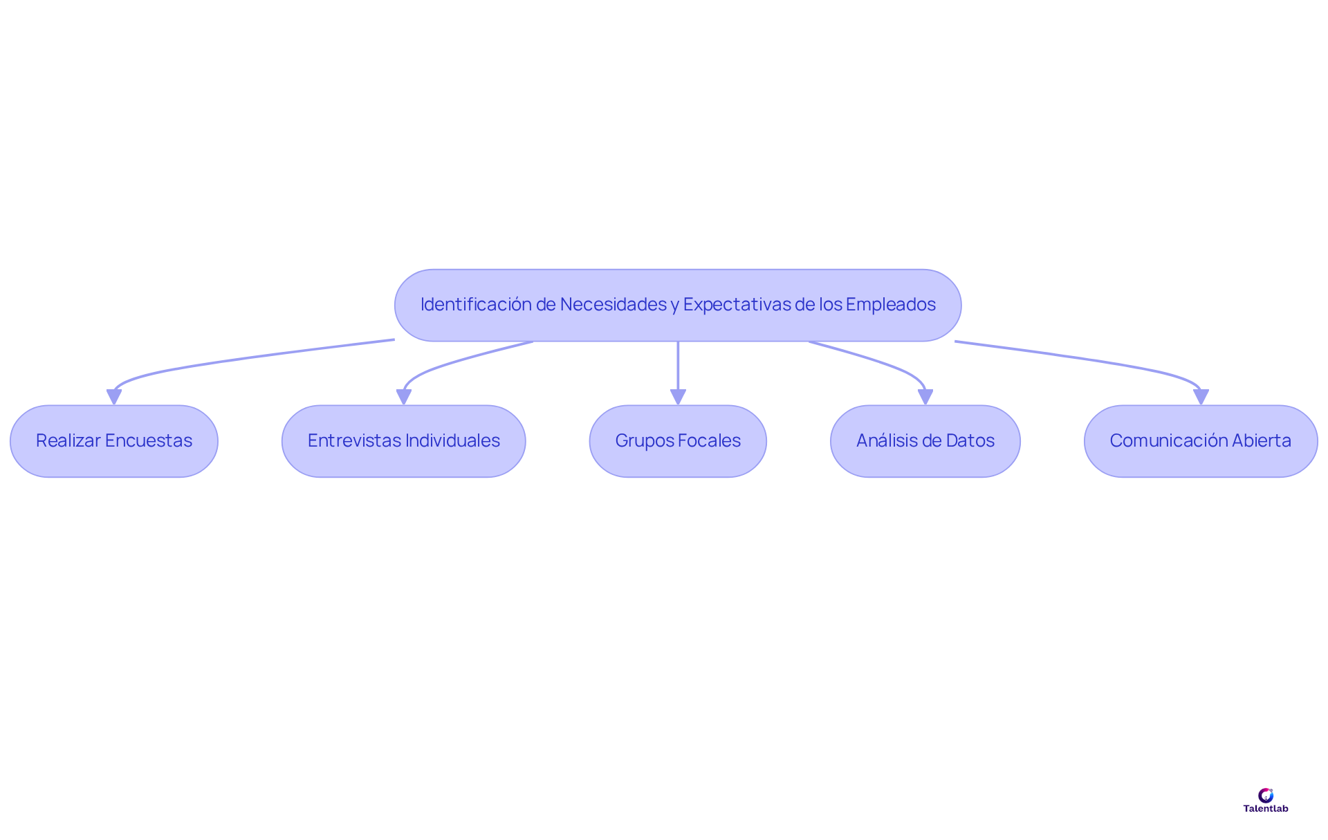 Cada cuadro representa una estrategia para entender mejor lo que los empleados necesitan y esperan. Sigue las flechas para ver cómo cada paso contribuye al objetivo final.