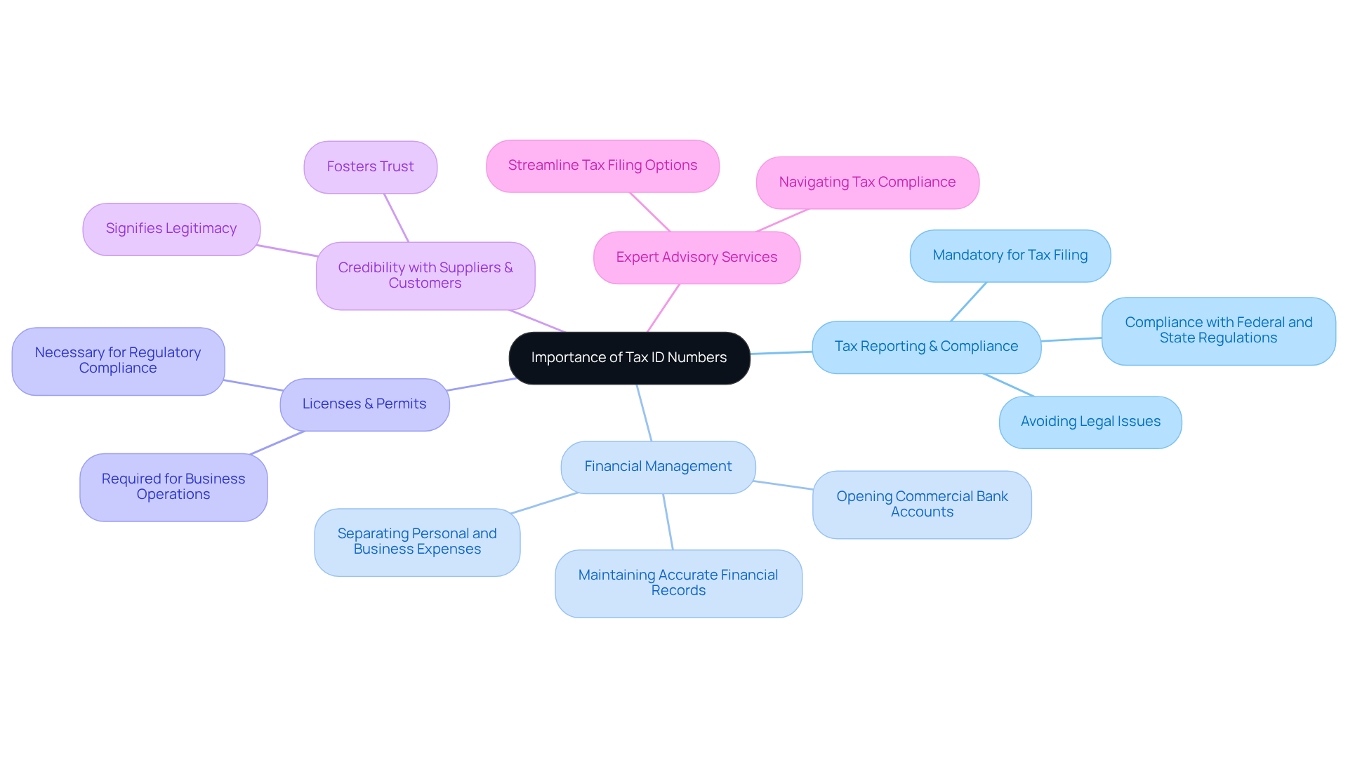 The central node represents the main topic, while the branches illustrate different aspects of why Tax ID numbers are essential for businesses. Each branch connects to specific details that highlight the significance of Tax IDs in various operational contexts. The central node represents the main topic, while the branches illustrate different aspects of why Tax ID numbers are essential for businesses. Each branch connects to specific details that highlight the significance of Tax IDs in various operational contexts.