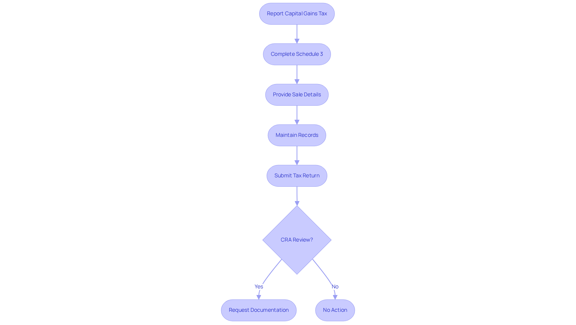 Follow the flow from the start to see each step in reporting capital gains tax. The decision box shows what happens after submission - if the CRA reviews your return, you may need to provide more information.