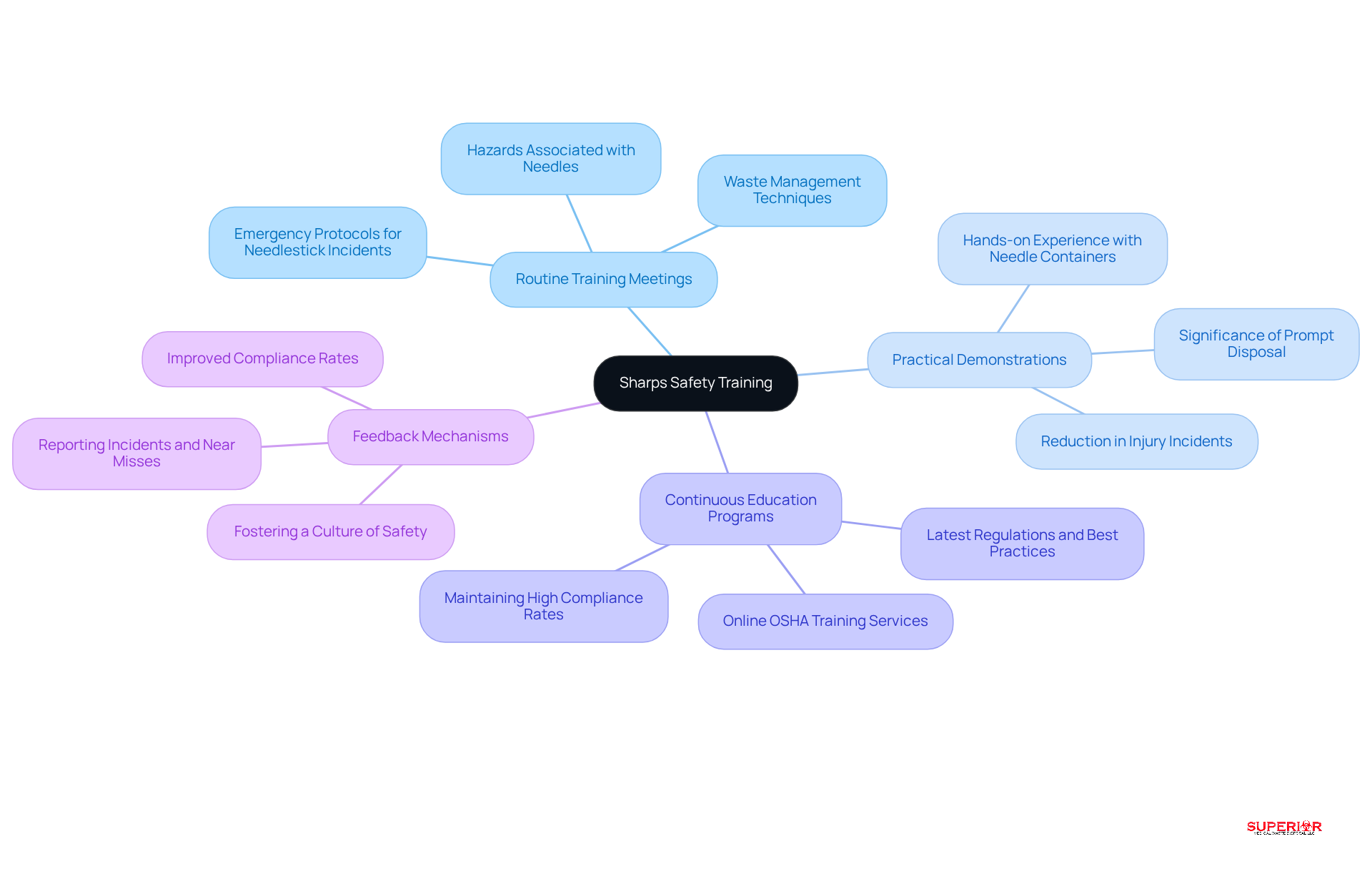 The central node represents the overall training focus, while each branch highlights a key component of the training program. Sub-branches provide additional details, helping you understand how each part contributes to safety and compliance.