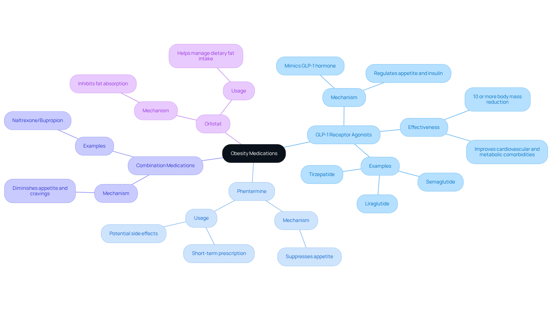 This mindmap starts with the main topic of obesity medications at the center. Each branch represents a different type of medication, and the sub-branches provide details about how they work and their benefits. This layout helps you see the options available and understand how they differ.