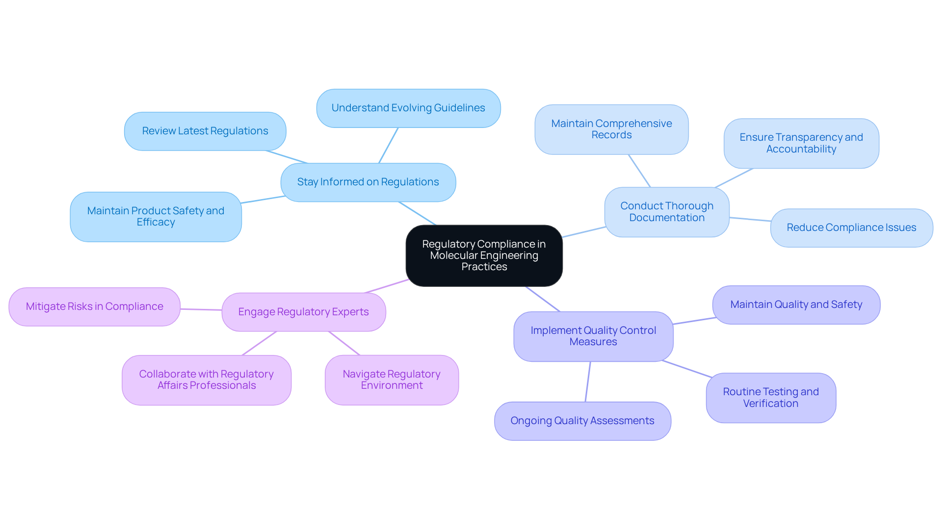 The central node represents the main goal of regulatory compliance. Each branch shows a key guideline, and the sub-branches detail important actions or considerations related to that guideline. Follow the branches to understand the full scope of compliance practices. The central node represents the main goal of regulatory compliance. Each branch shows a key guideline, and the sub-branches detail important actions or considerations related to that guideline. Follow the branches to understand the full scope of compliance practices.