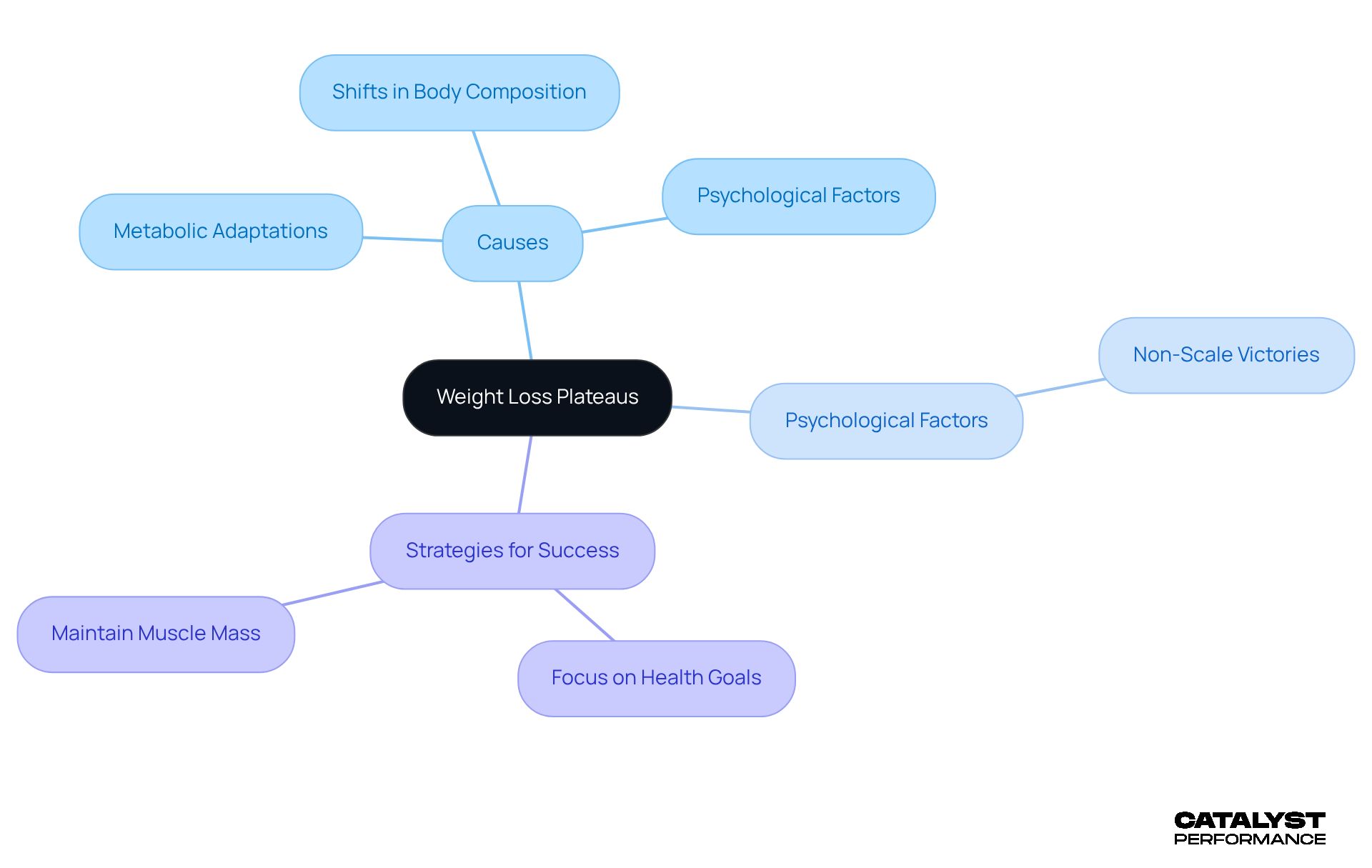 The central node represents the main topic of weight loss plateaus. Each branch shows a different aspect related to plateaus, helping you see how they connect and what factors to consider in your weight loss journey. The central node represents the main topic of weight loss plateaus. Each branch shows a different aspect related to plateaus, helping you see how they connect and what factors to consider in your weight loss journey.