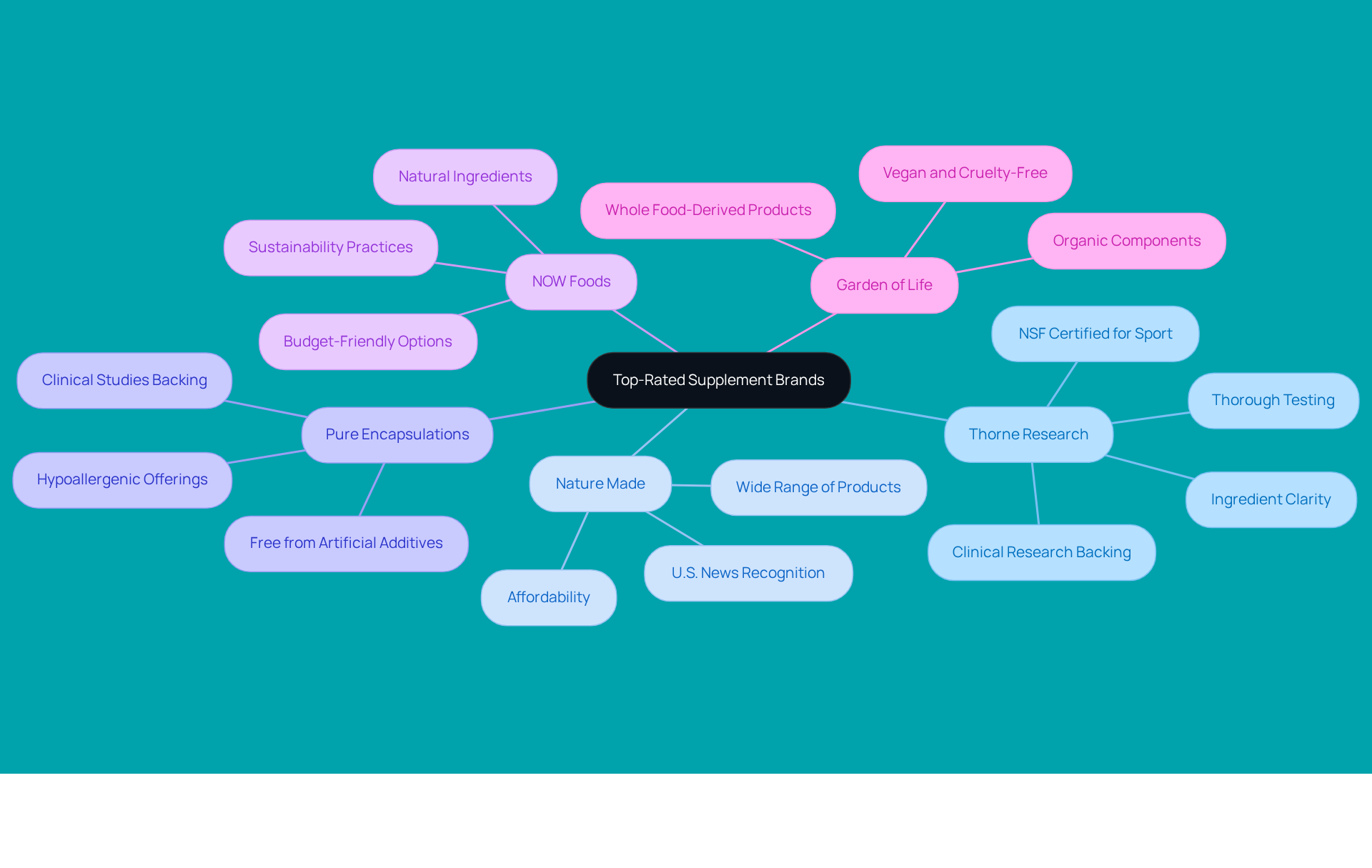 The central node represents the main topic, while each branch shows a different brand. The sub-branches highlight what makes each brand special, helping you see which might fit your health goals best.