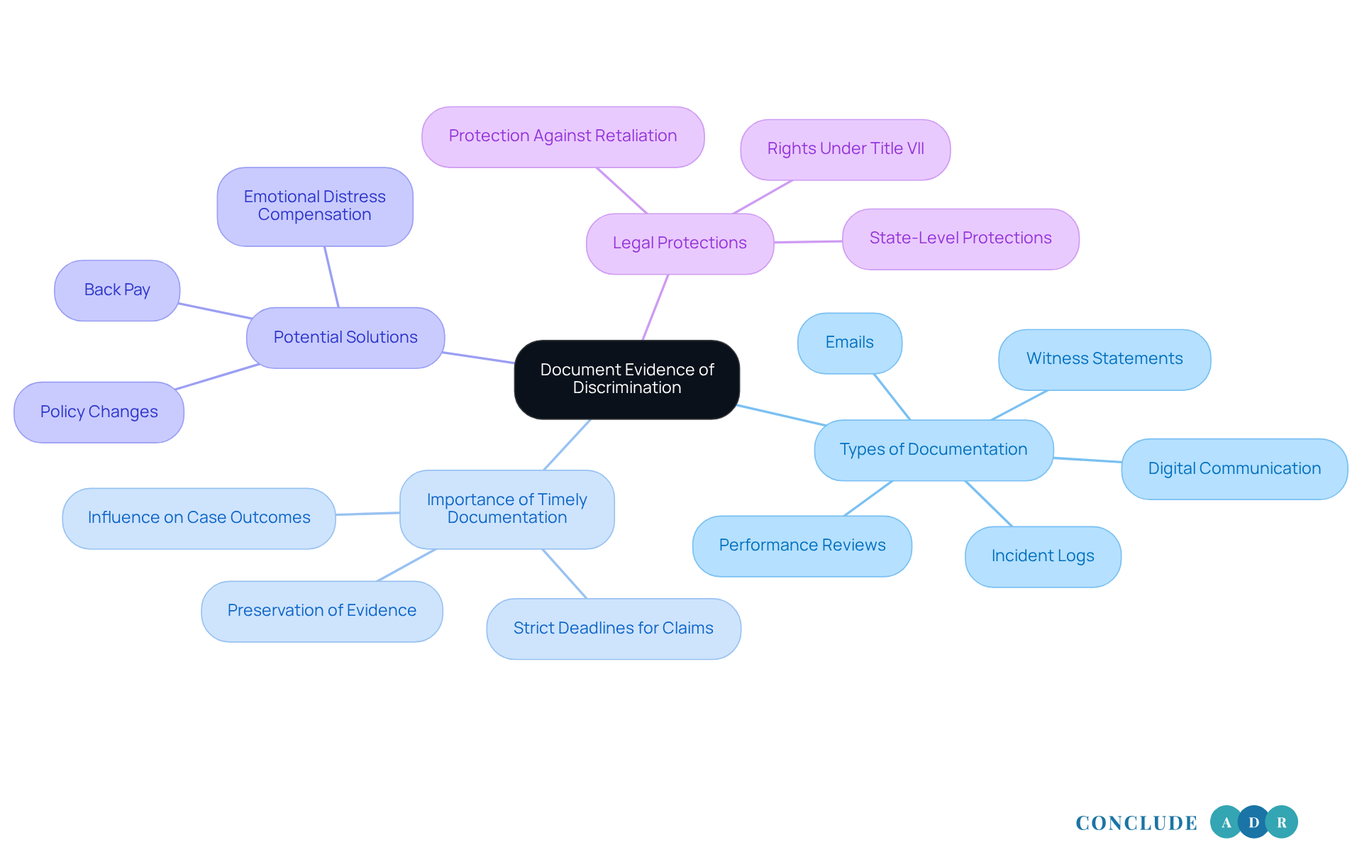 The center represents the main topic of documenting discrimination. Each branch shows a different aspect of the documentation process, with further details branching out to provide clarity on each point.