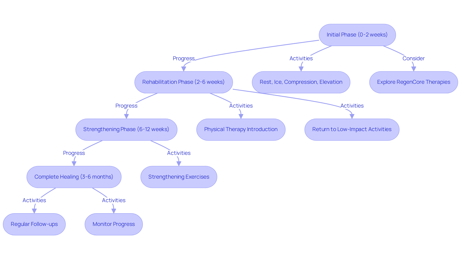 Each box represents a phase in the recovery process. Follow the arrows to see how recovery progresses over time, with activities and therapies highlighted for each stage.