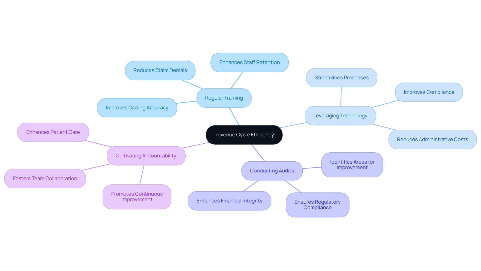 Start at the center with the main goal of improving revenue cycle efficiency, then explore each branch to see the specific practices and their benefits. Each color represents a different practice area, making it easy to follow and understand.
