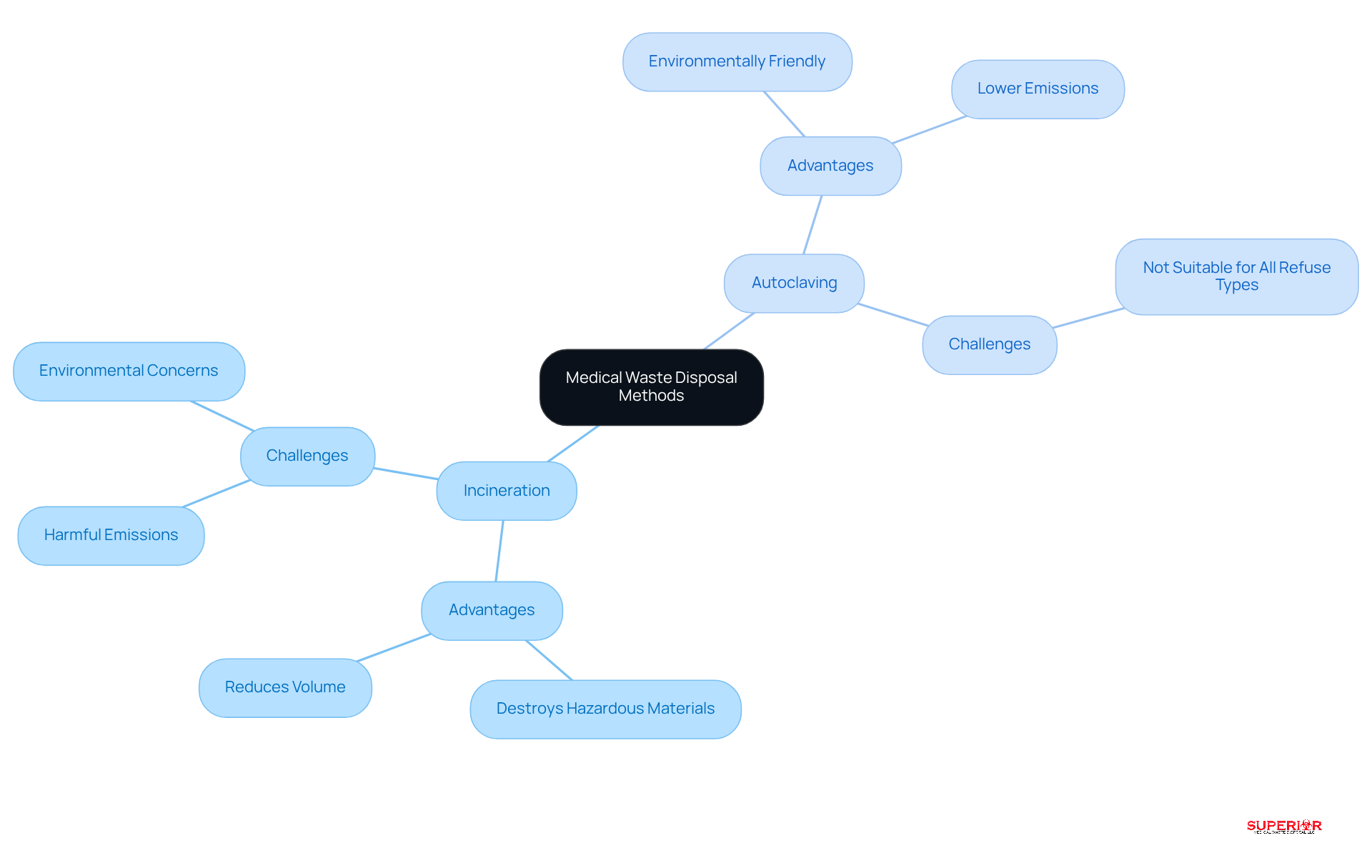 The central node represents the topic of medical waste disposal. The branches show the two methods, with further branches detailing their pros and cons. This layout helps you quickly see the differences and similarities between incineration and autoclaving.