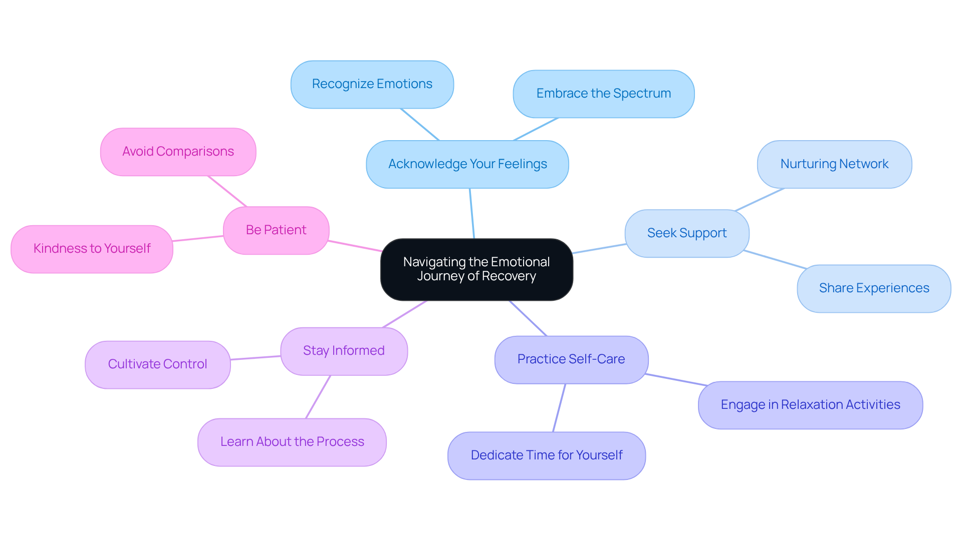 The central node represents the main theme of recovery, while each branch shows a strategy to help navigate the emotional journey. Follow the branches to explore each strategy and its key points.