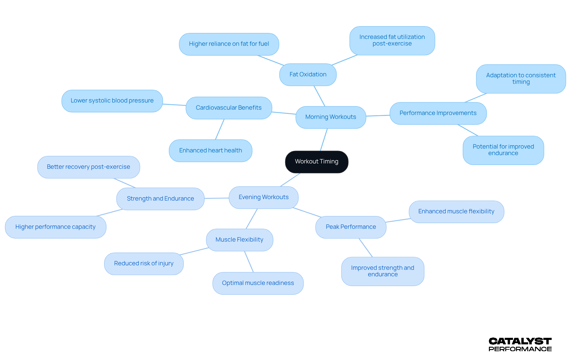 The central node represents the overall topic of workout timing. The branches show the two main times to exercise, with further details on the benefits of each. This layout helps you see how morning and evening workouts differ and what advantages each offers. The central node represents the overall topic of workout timing. The branches show the two main times to exercise, with further details on the benefits of each. This layout helps you see how morning and evening workouts differ and what advantages each offers.