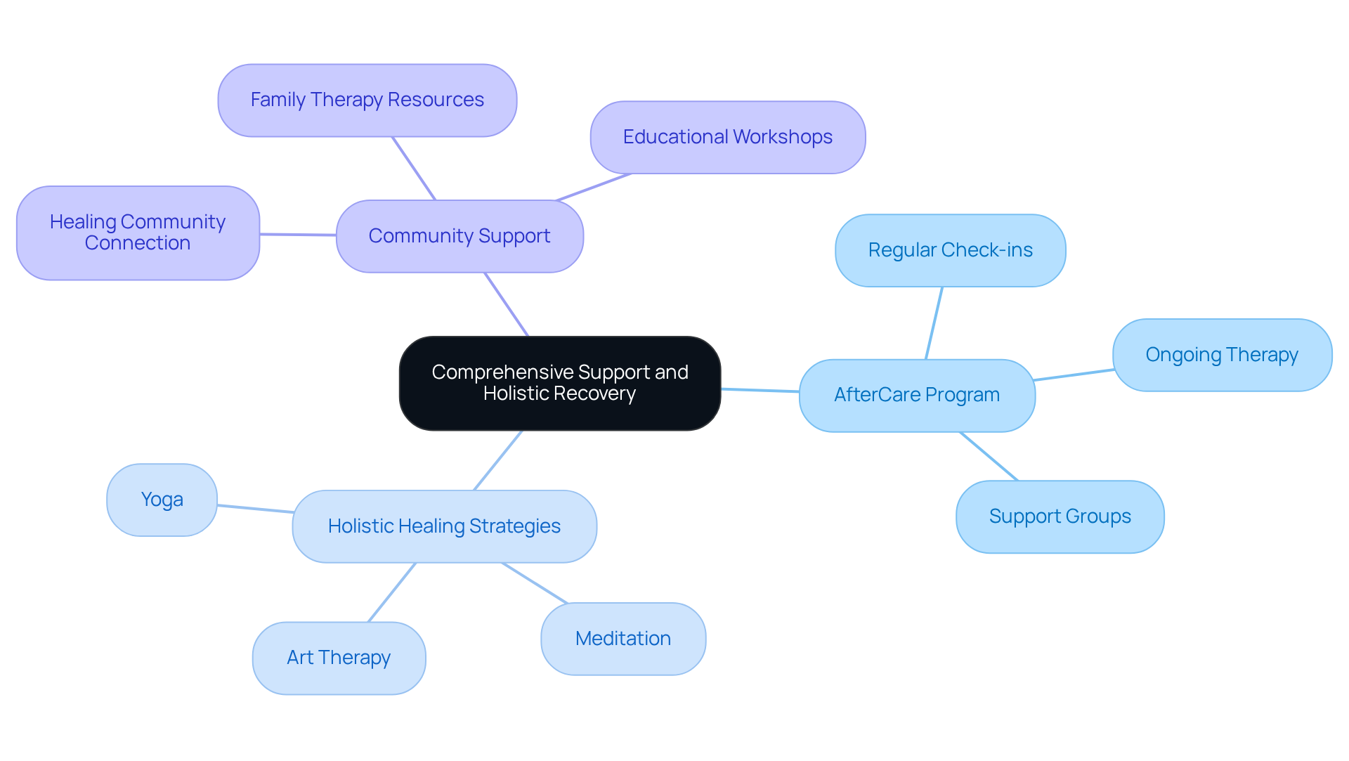 The central node represents the overall support strategy, while the branches show the different components that contribute to a successful recovery journey. Each color-coded branch highlights a specific area of focus, making it easy to understand how they all connect.