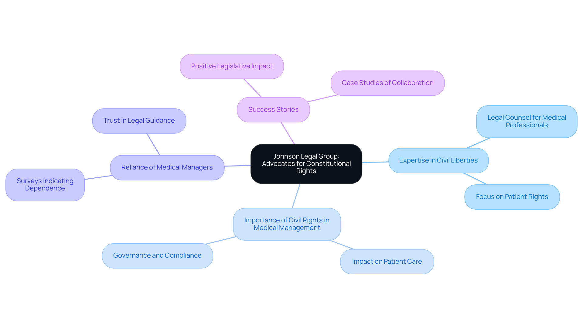 The central node represents Johnson Legal Group, while the branches illustrate their key areas of focus and impact. Follow the branches to explore how they support civil liberties in the medical field.