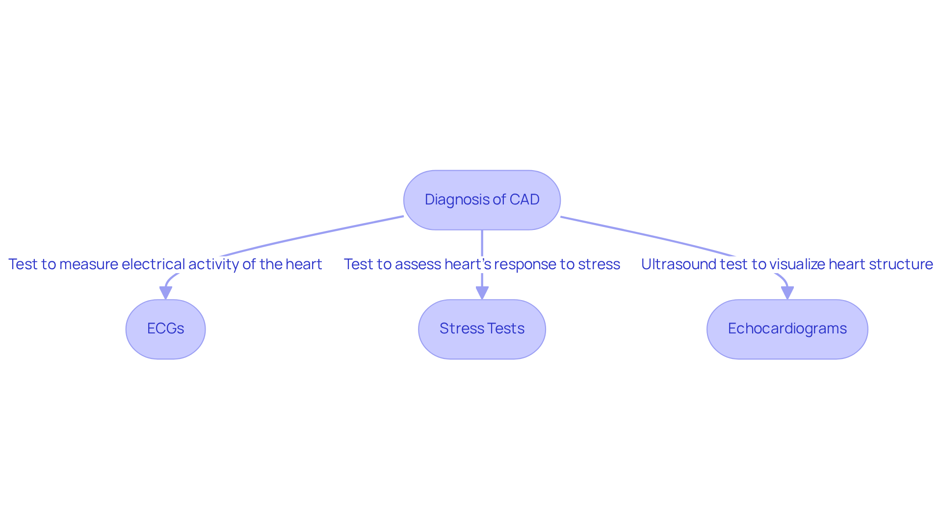This flowchart shows the steps involved in diagnosing CAD. Start with the main diagnosis box, then follow the arrows to see the different tests your doctor may recommend. Each test helps gather important information about your heart health.