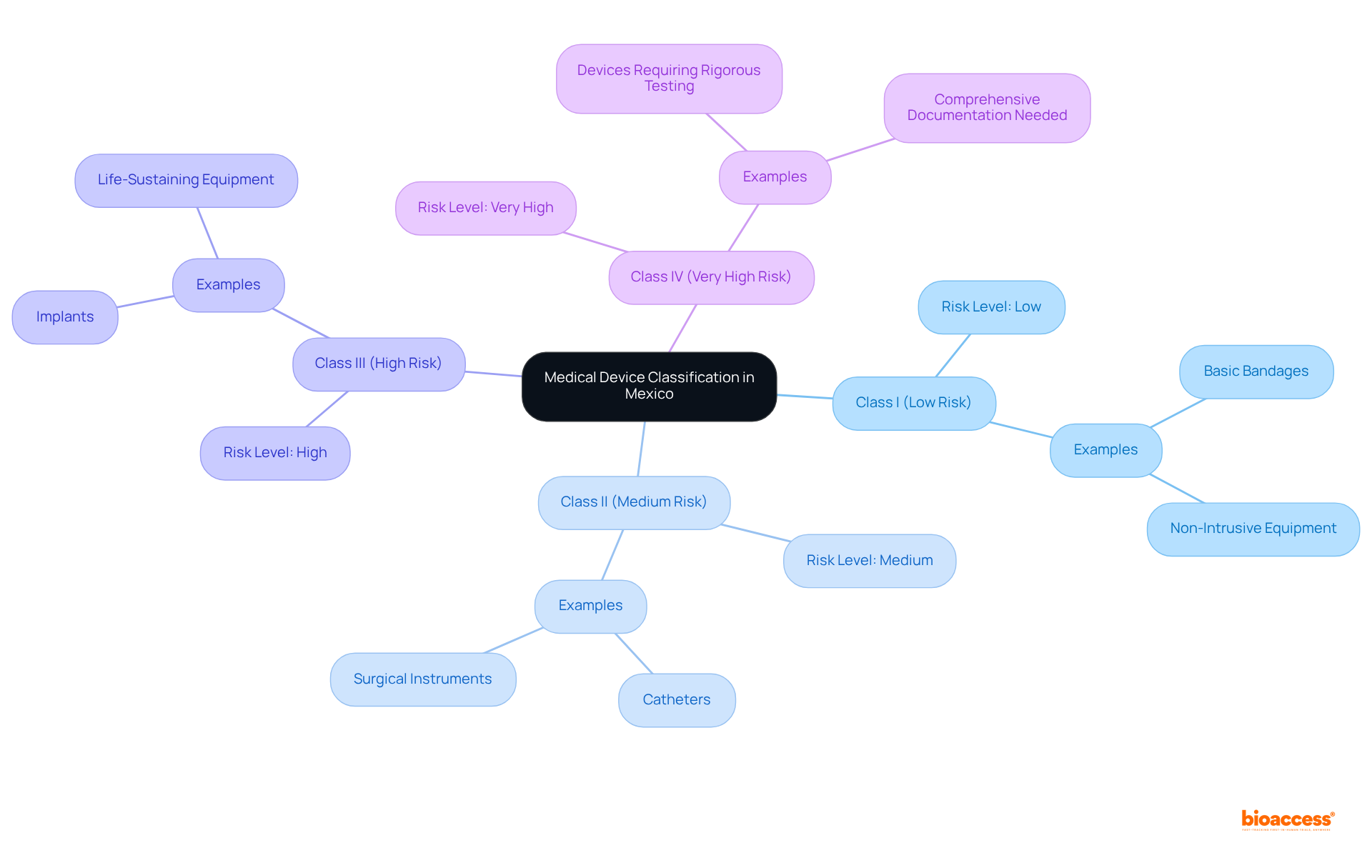The center represents the main classification topic, while branches illustrate each class's risk level and examples. The further you go from the center, the more specific the information becomes.