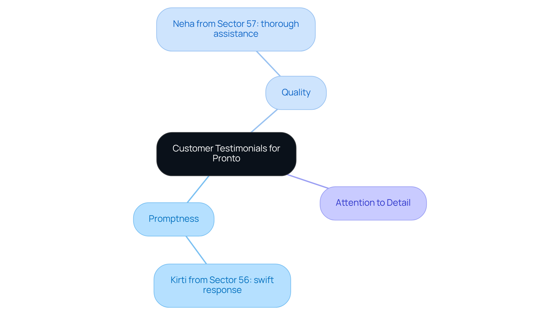 The central node represents the overall theme of customer feedback, while the branches show key aspects of satisfaction and individual testimonials that support the company's reputation.