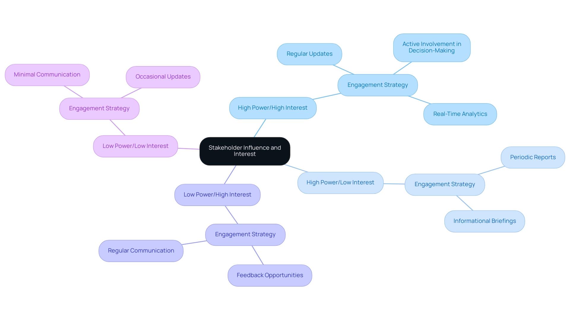 Each branch represents a stakeholder category, with sub-branches detailing specific engagement strategies. Colors differentiate the categories.