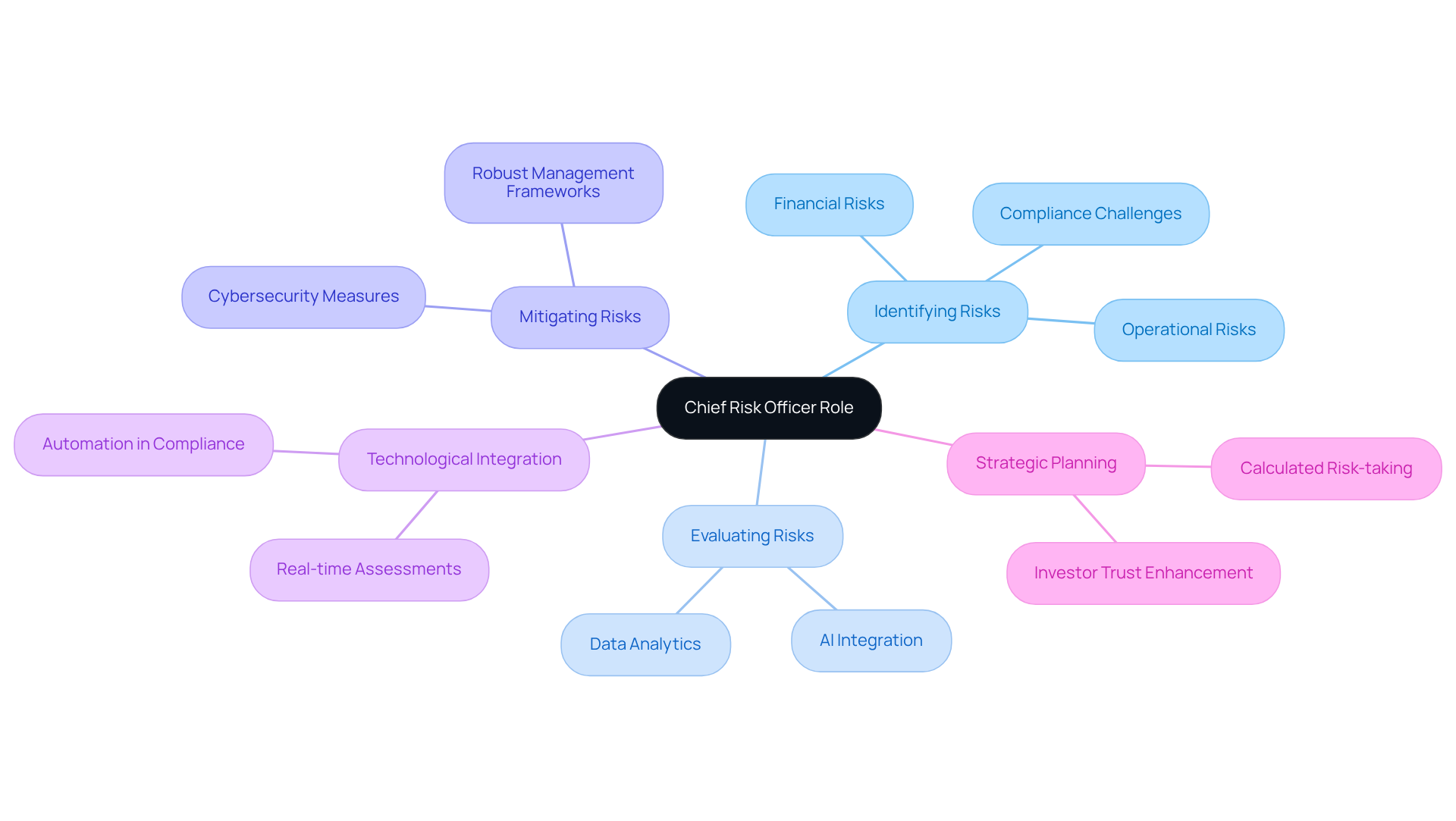 The center represents the Chief Risk Officer's role, with branches showing different areas of focus in risk management. Each branch dives deeper into specific risks and strategies, helping to visualize the comprehensive approach to managing startup risks.