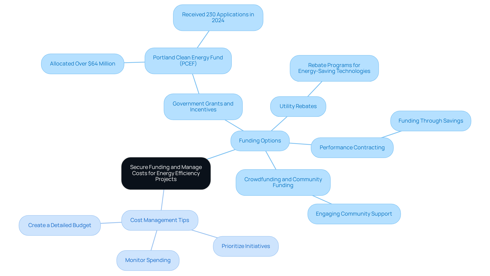 The central node represents the main topic, while the branches show different funding sources and tips for managing costs. Each color-coded branch helps you quickly identify related information.