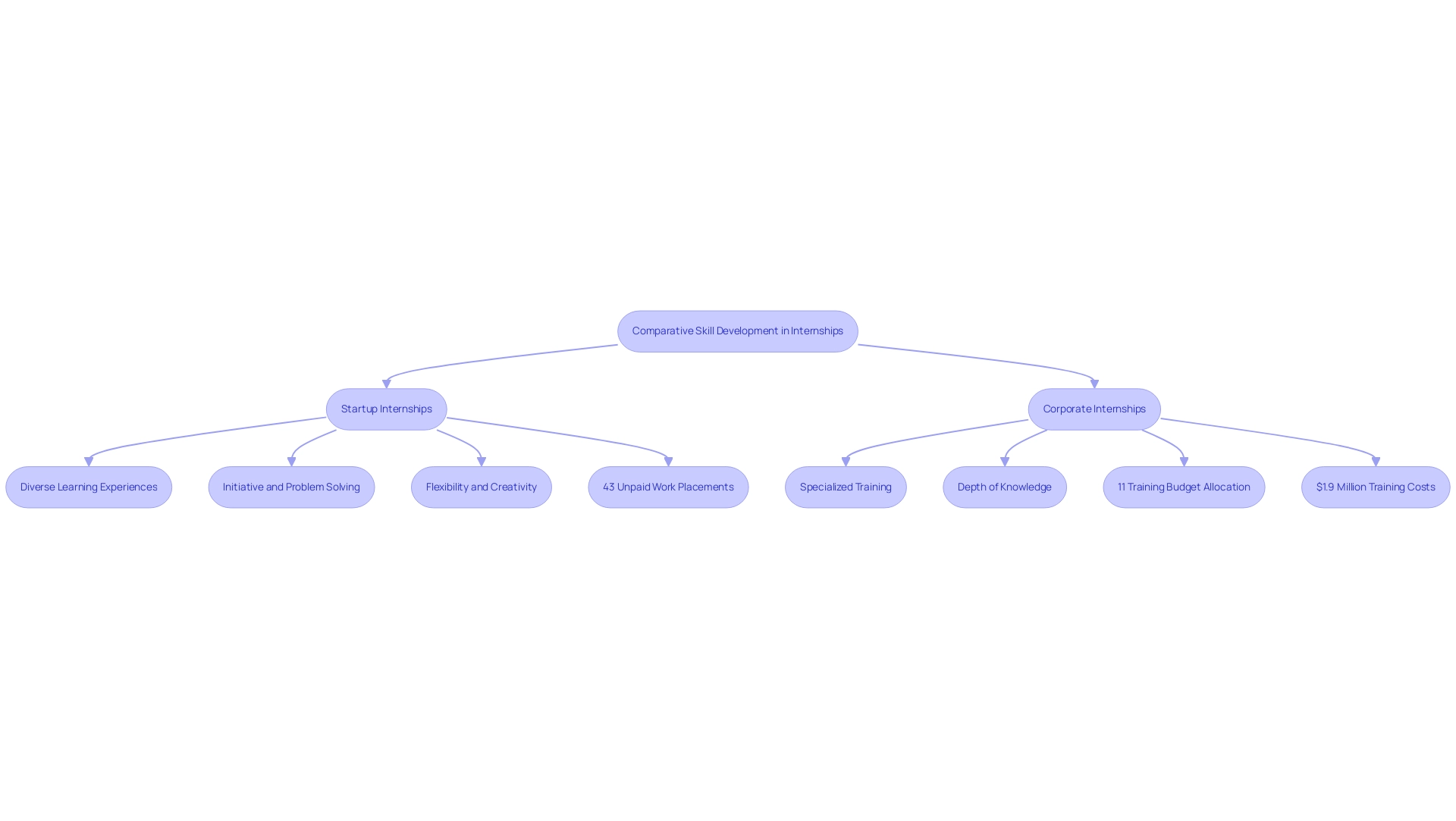 The flowchart differentiates between startup and corporate internships, highlighting key learning aspects and statistics relevant to each.