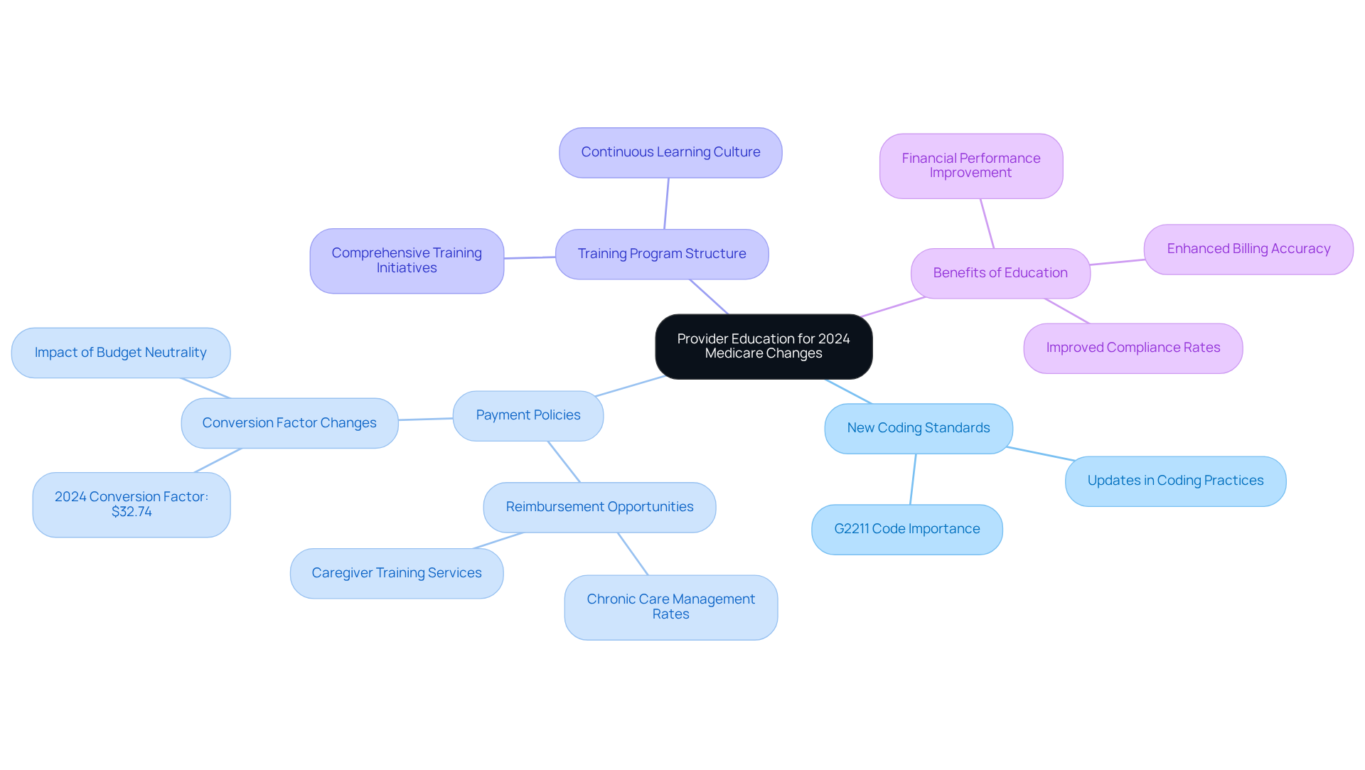 This mindmap illustrates how provider education is structured to address the 2024 Medicare changes — start at the center to explore the main themes and dive into the details of each aspect.