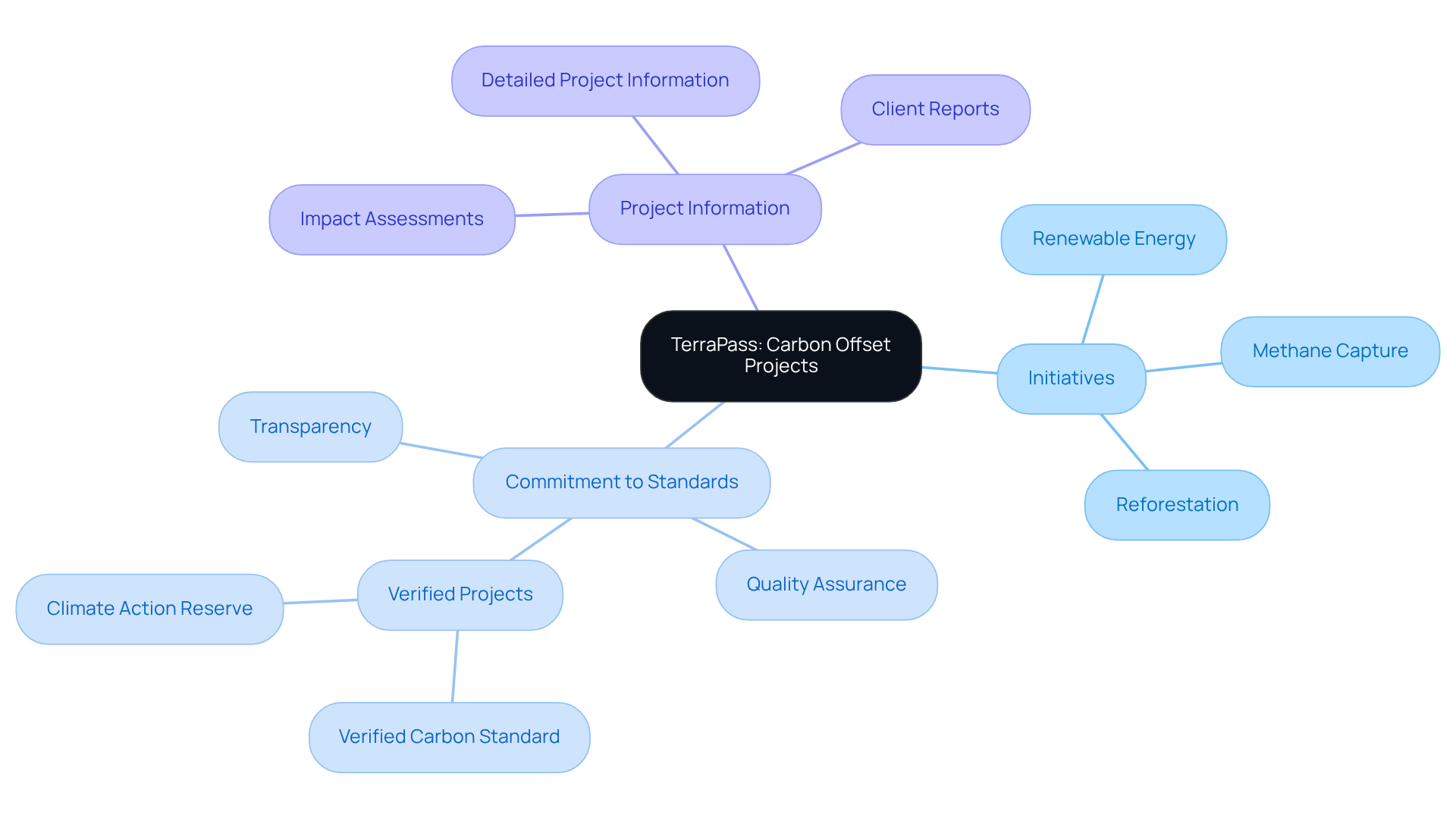 The center represents TerraPass, and the branches show different areas of focus. Each initiative is a way TerraPass helps reduce emissions, while the other branches highlight its commitment to quality and the information it provides.