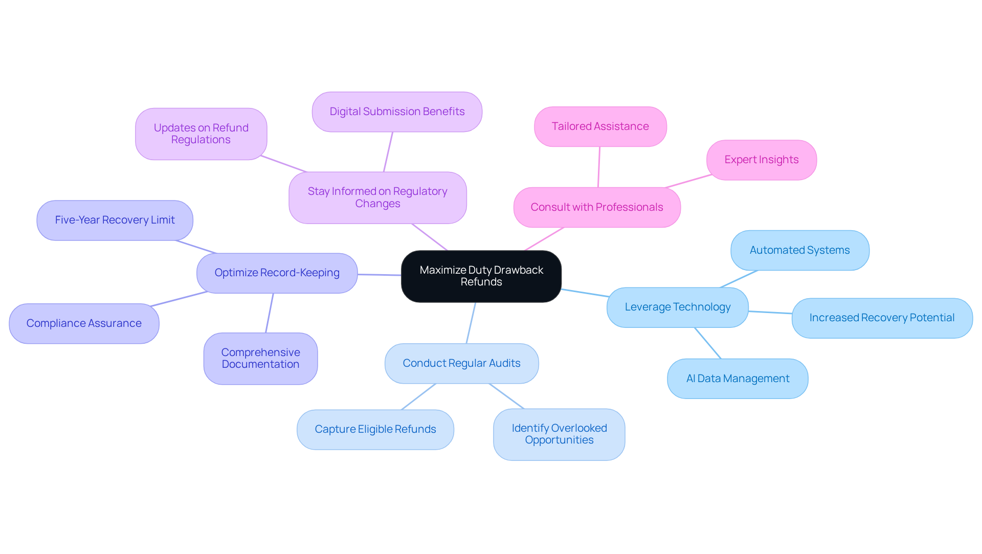 The central node represents the main goal of maximizing refunds, while each branch shows a specific strategy. Follow the branches to explore the details and benefits of each approach.