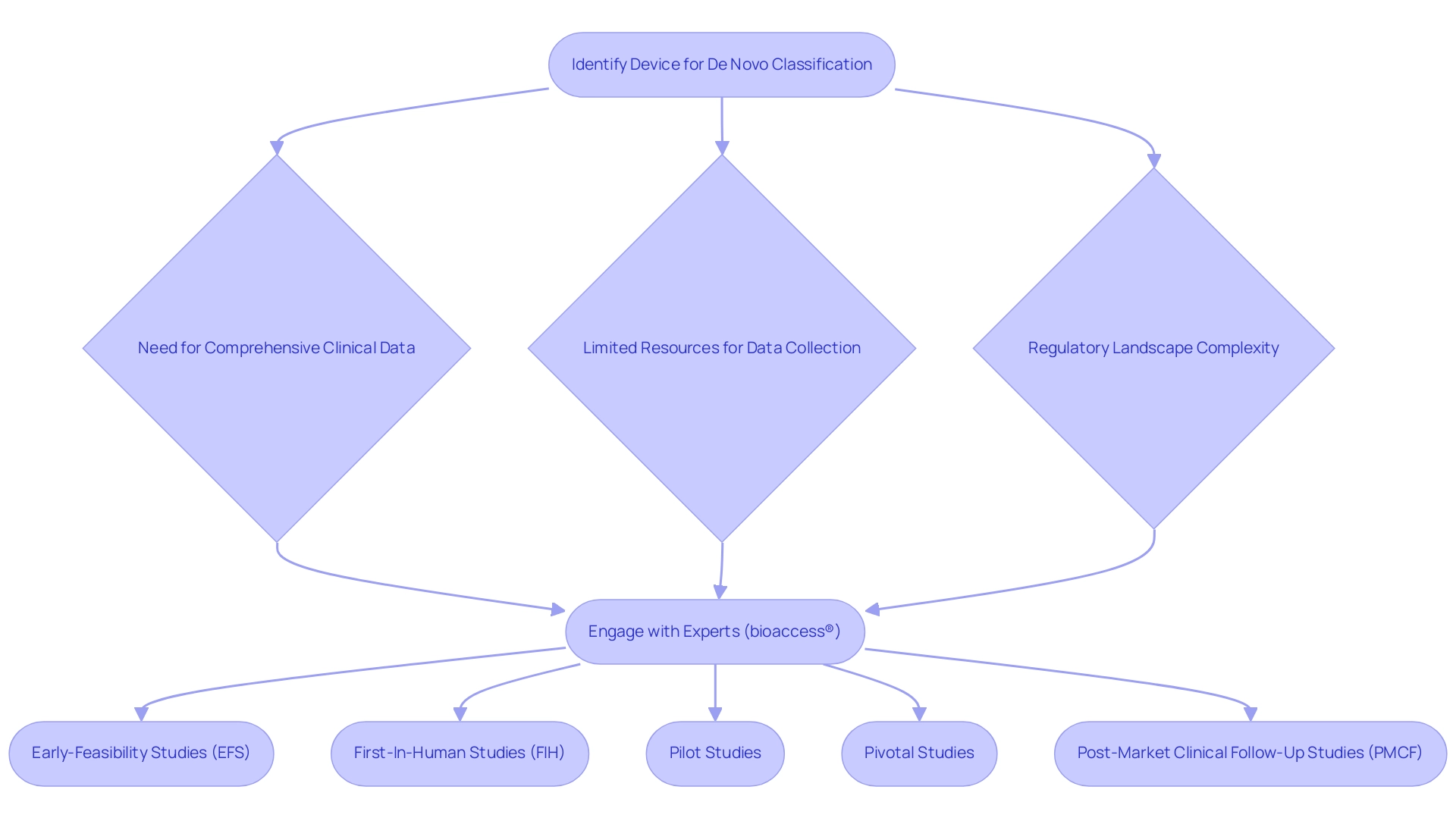 Each box represents a step or challenge in the de novo classification process, with arrows indicating the flow from challenges to proposed solutions.