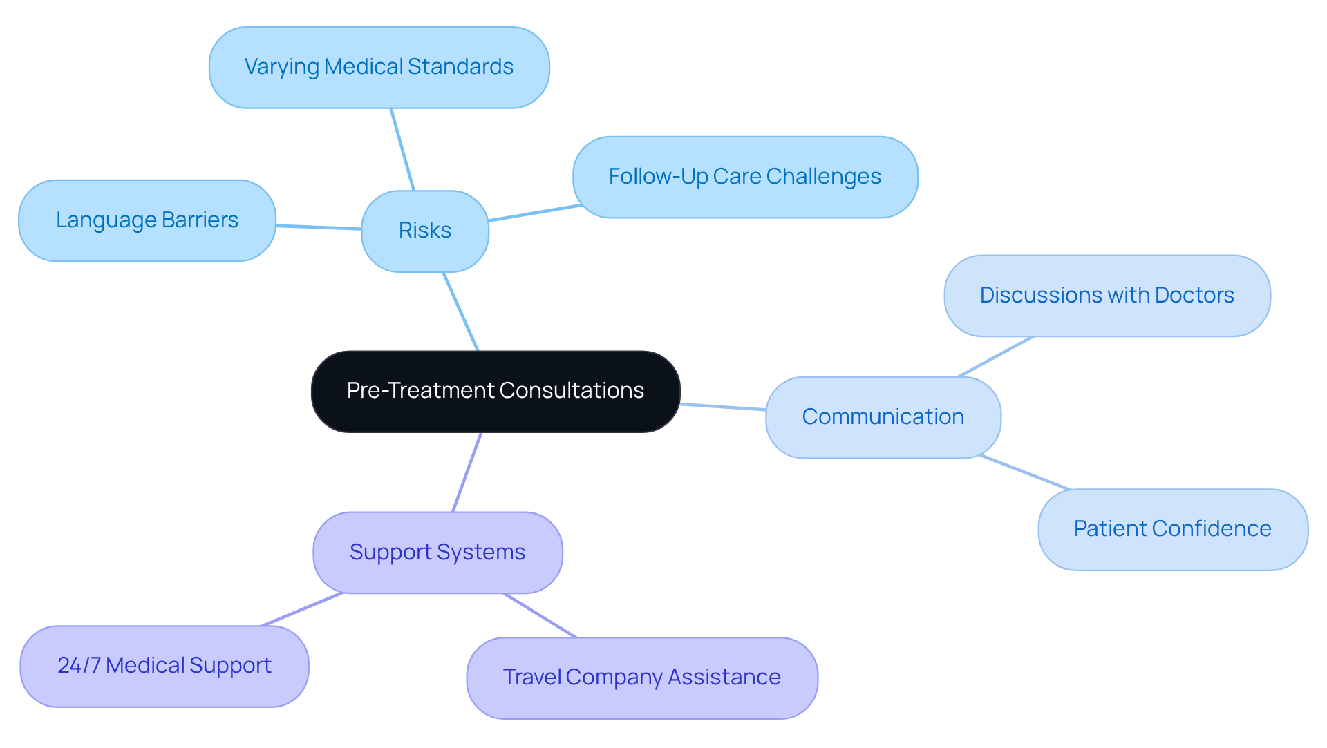 The central node represents the main topic, while the branches show related factors that influence healthcare decisions. Each color-coded branch helps you identify different aspects of the consultation process.