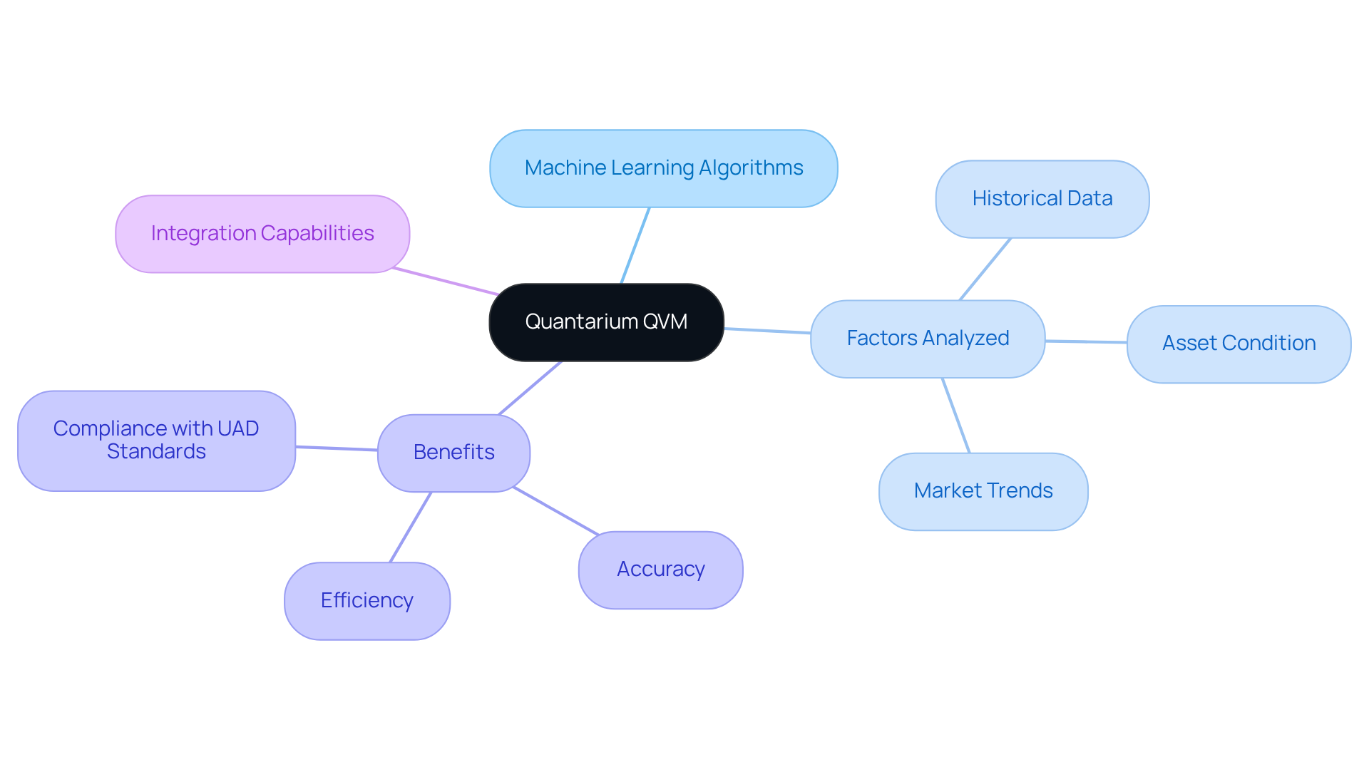 The center represents the QVM model, and the branches show its features and benefits. Each branch connects to specific aspects, helping you understand how they relate to the overall valuation process.